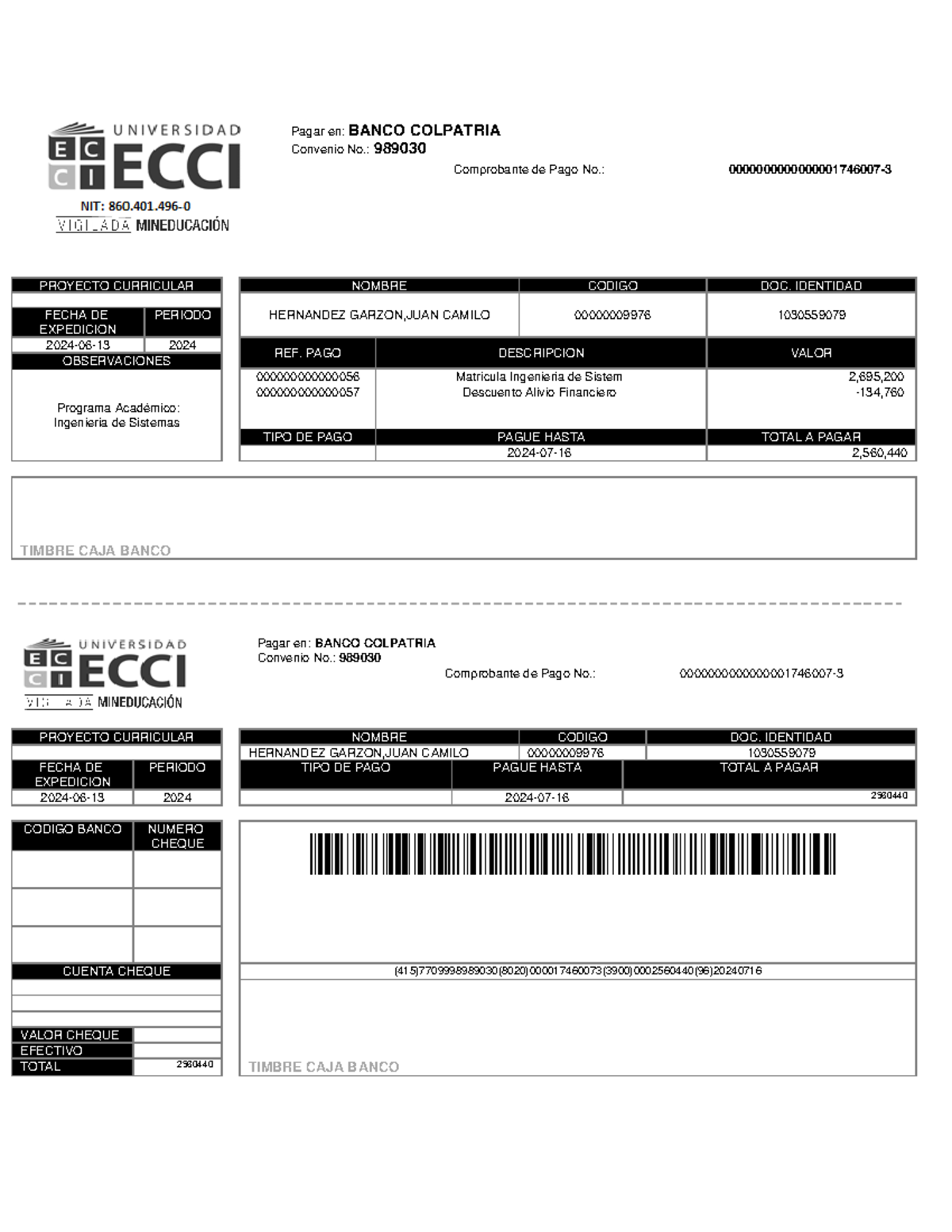 EC FACT ECCI (1) - calculo - Pagar en: BANCO COLPATRIA Convenio No ...
