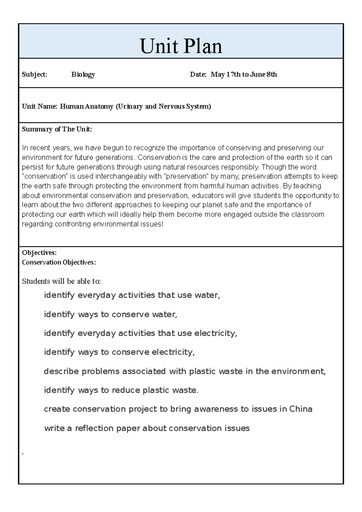 Unit 14 Lesson Plan Conservation Issues - Unit Plan Subject: Biology ...