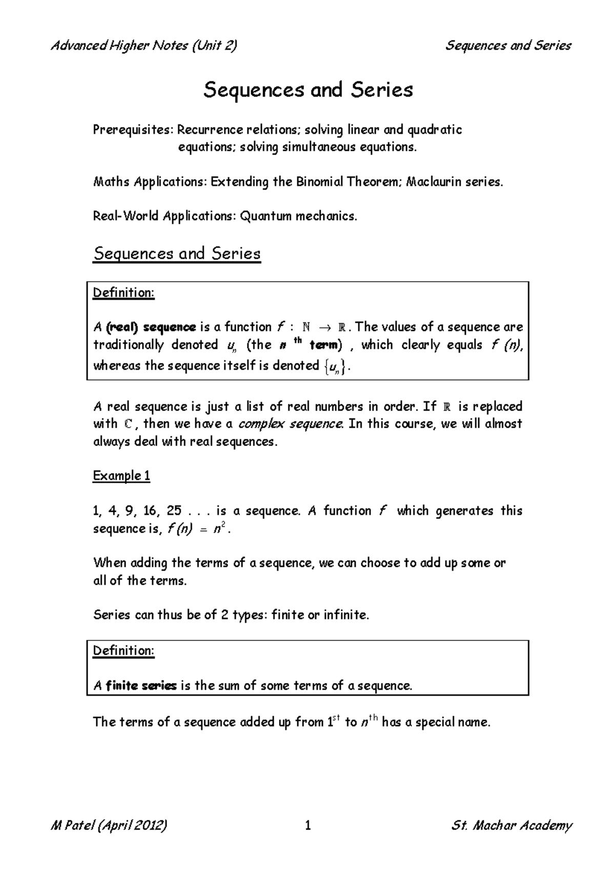 Sequences and Series Notes - Sequences and Series Prerequisites ...