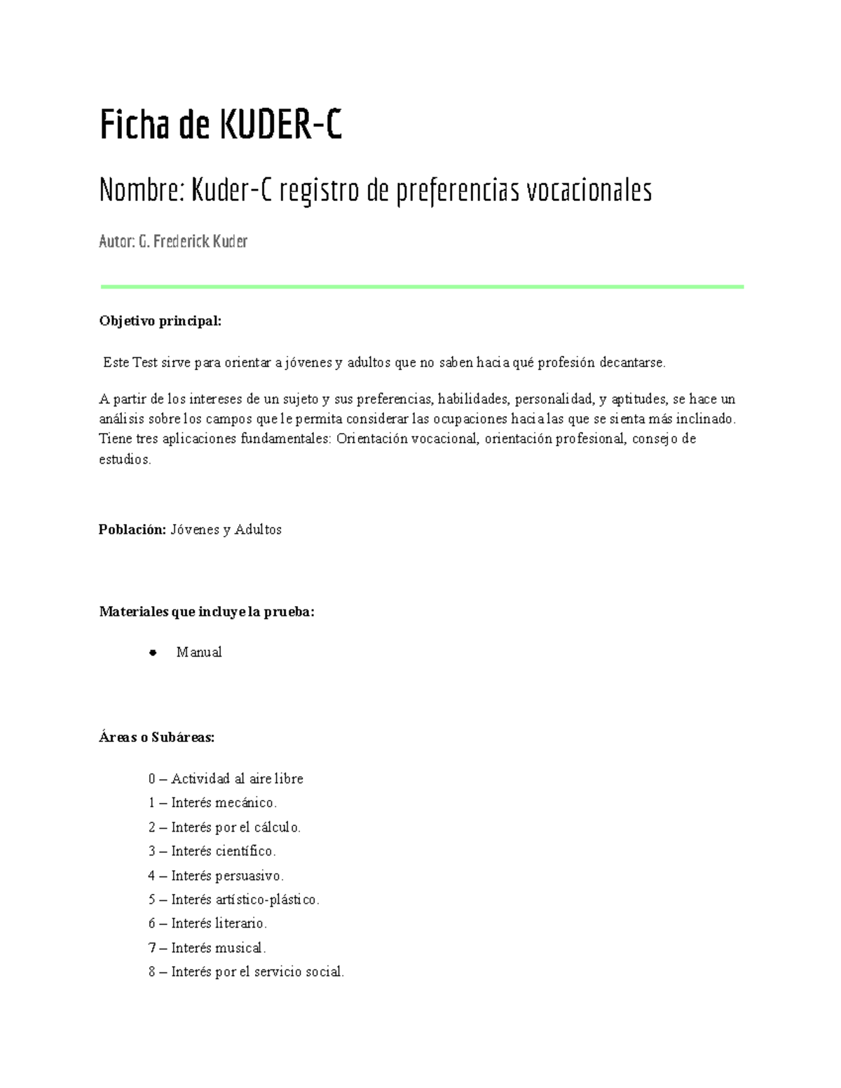 Ficha de Kuder-C - repaso psicologia educacion - Ficha de KUDER-C Nombre: Kuder-C registro de ...