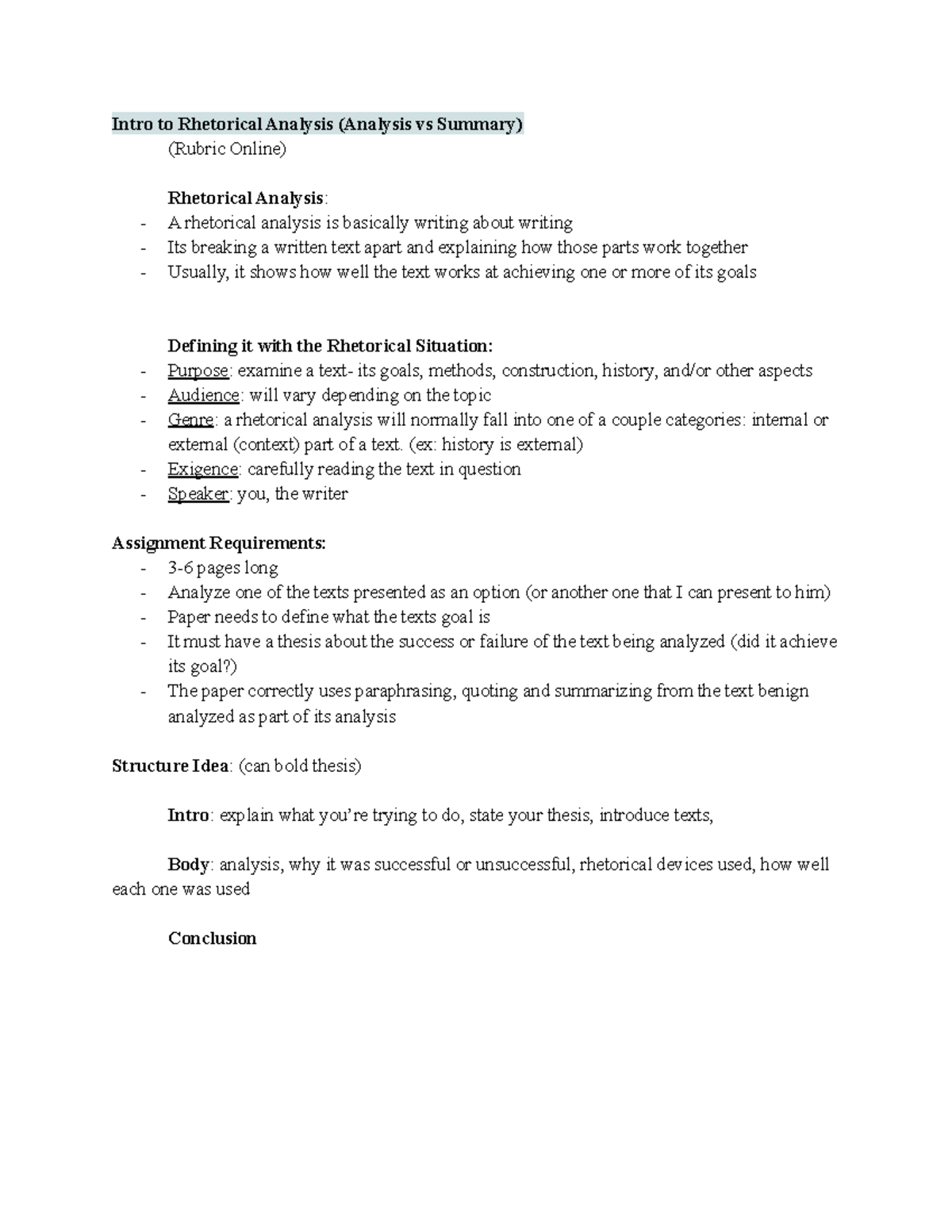 Intro to Rhetorical Analysis (Analysis vs Summary) - (ex: history is ...