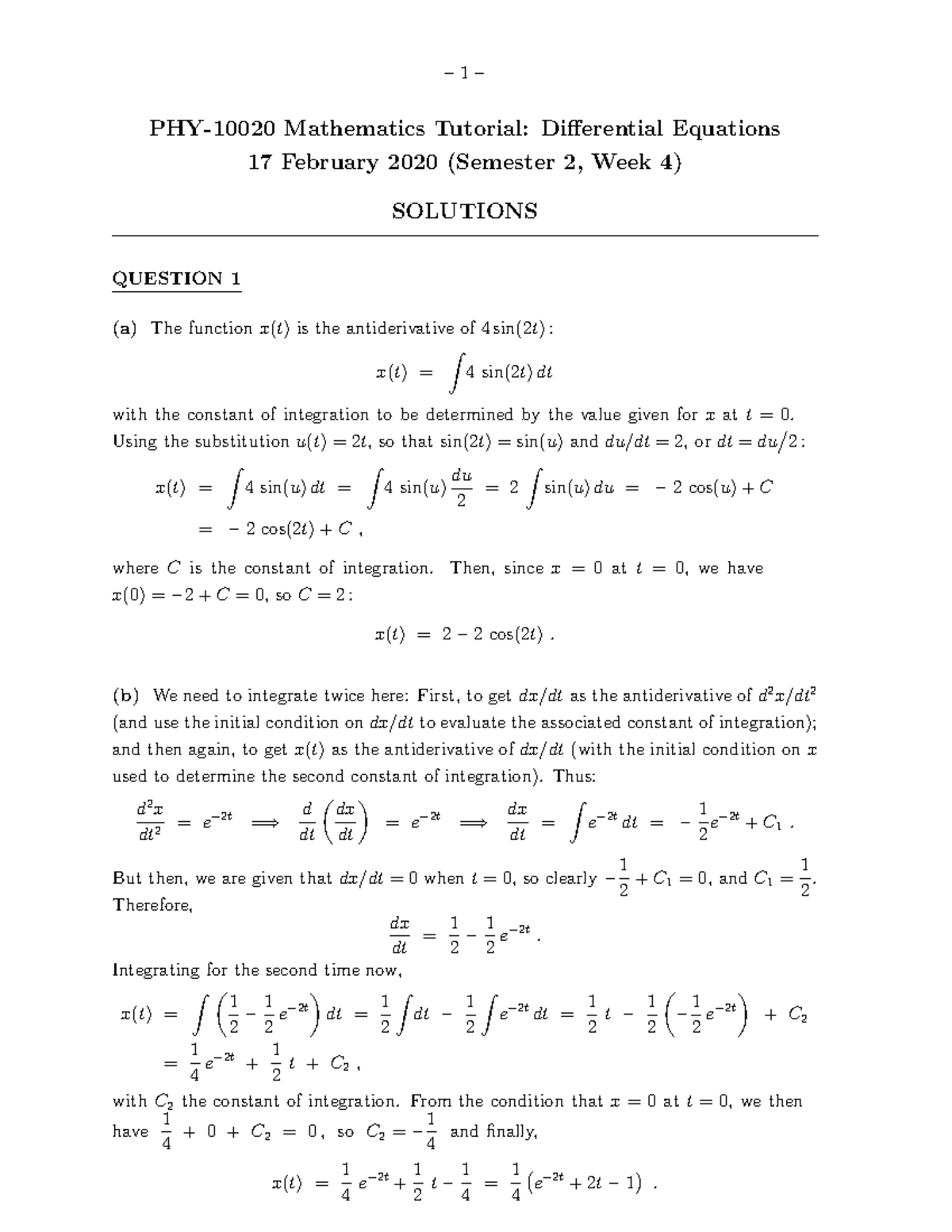 Semester 2 Tutorial 4 2020 Solutions - PHY-10020 Mathematics Tutorial ...