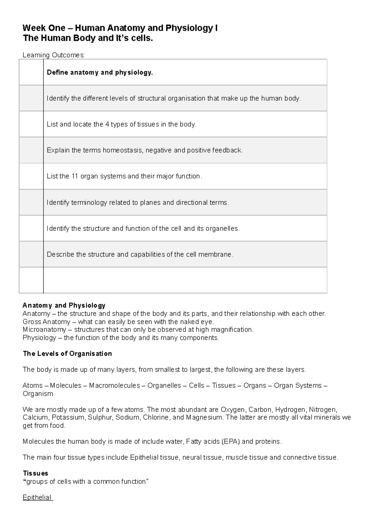 Week One – The Human Body and It’s cells - Week One – Human Anatomy and ...