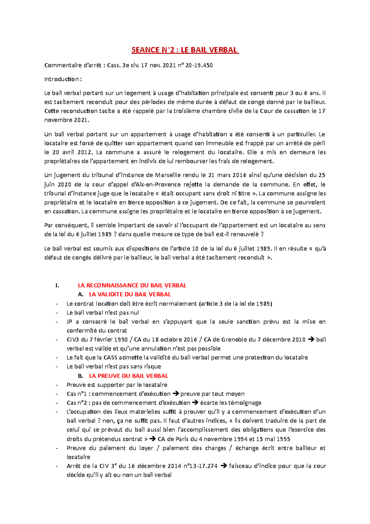Séance 2 : le bail Verbal - SEANCE N°2 : LE BAIL VERBAL Commentaire d ...