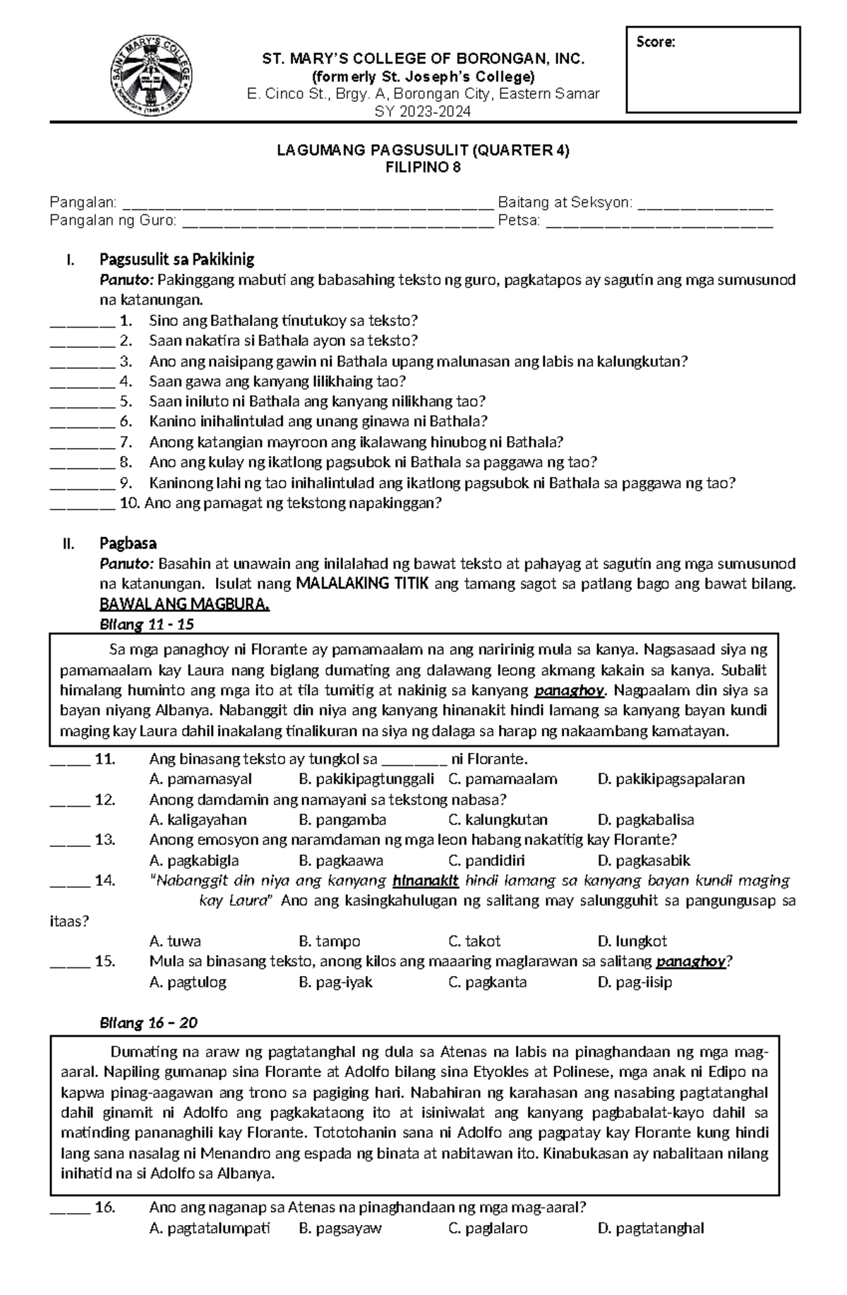 Filipino Grade 8 4th Quarter - ST. MARY’S COLLEGE OF BORONGAN, INC ...