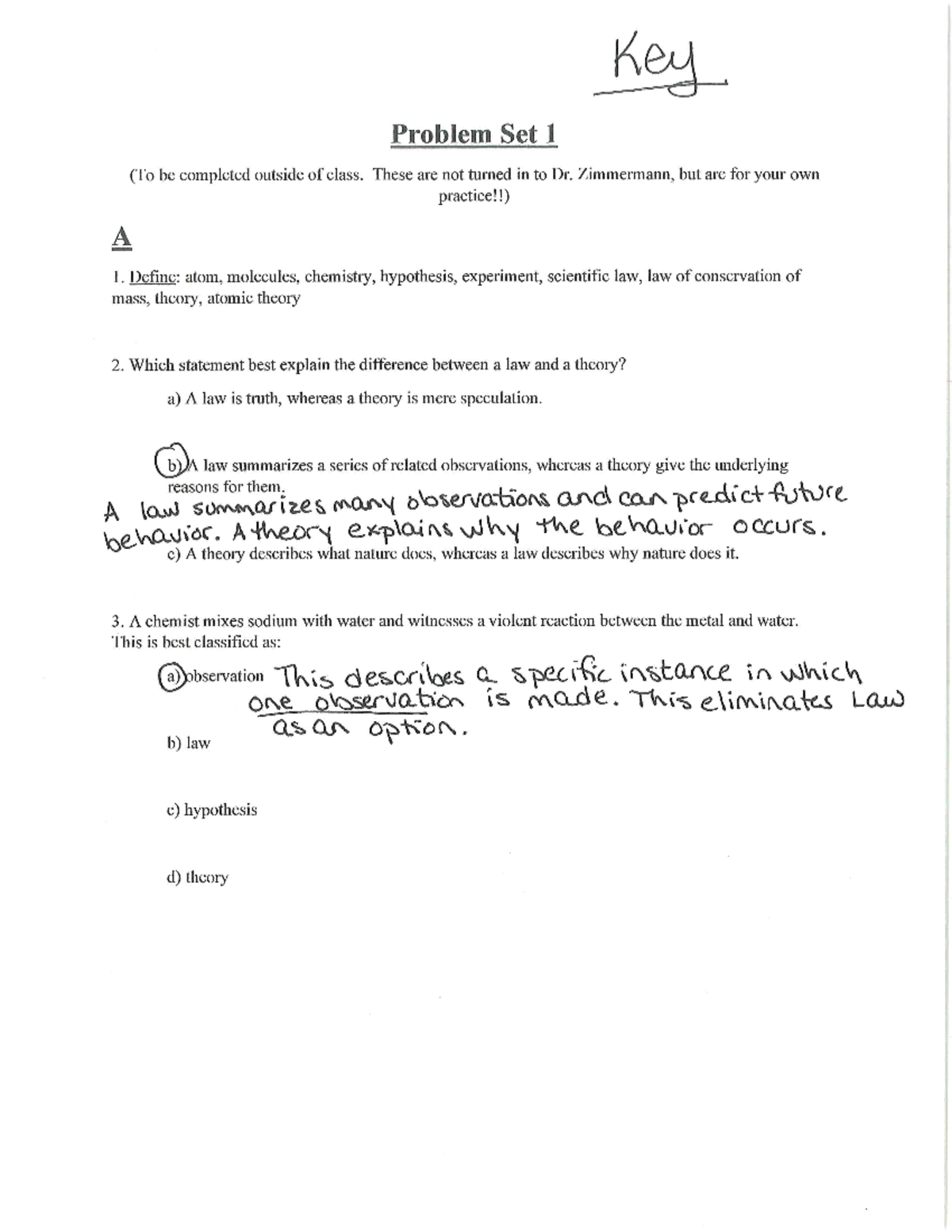 Problem set 1 Key - answer key - Classify each statement as an observation, a law, or a theo1y ...