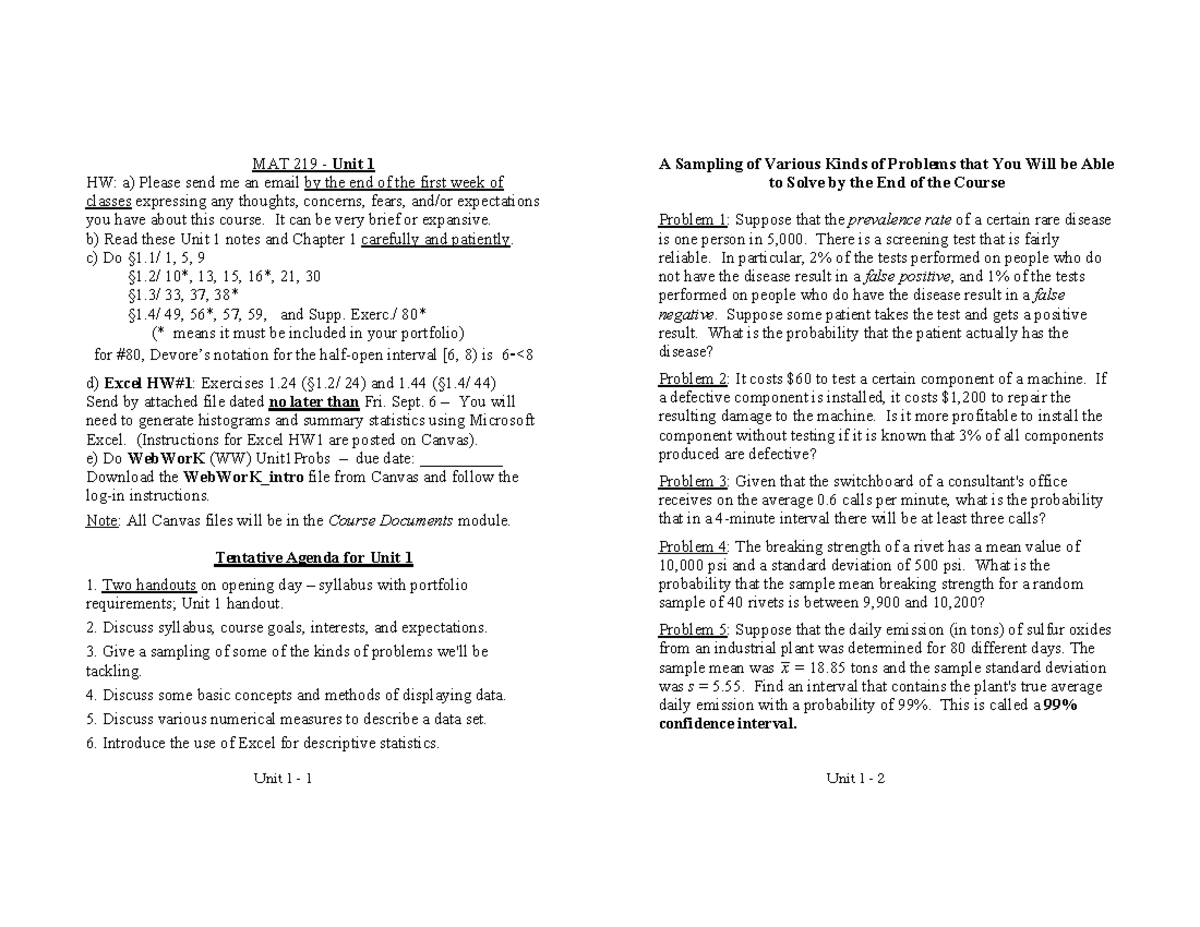 Unit1 219 - Lecture notes 3 - MAT 219 - Unit 1 HW: a) Please send me an ...