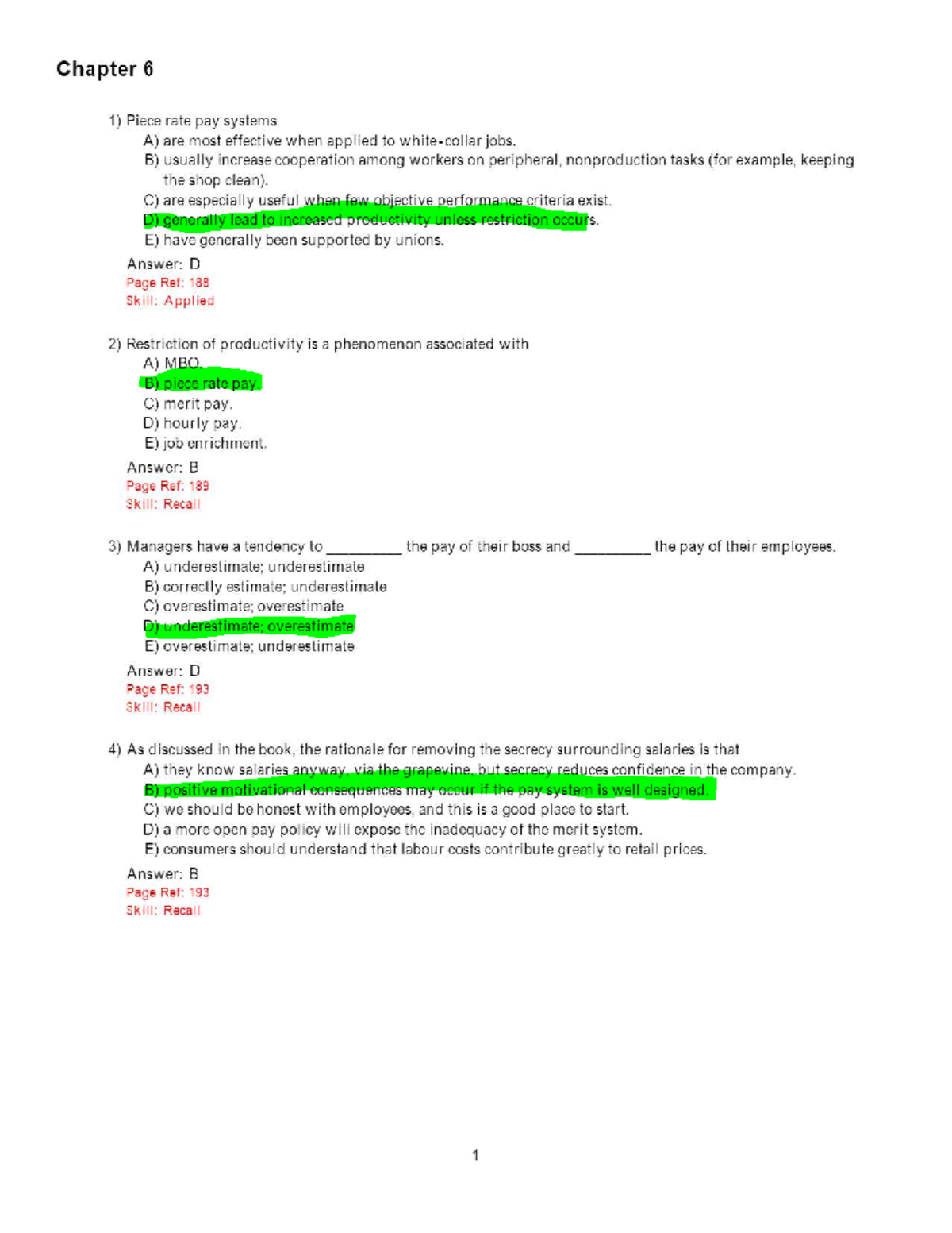 Multiple choice question bank Ch6 - Chapter 6 1) Piece rate pay systems ...