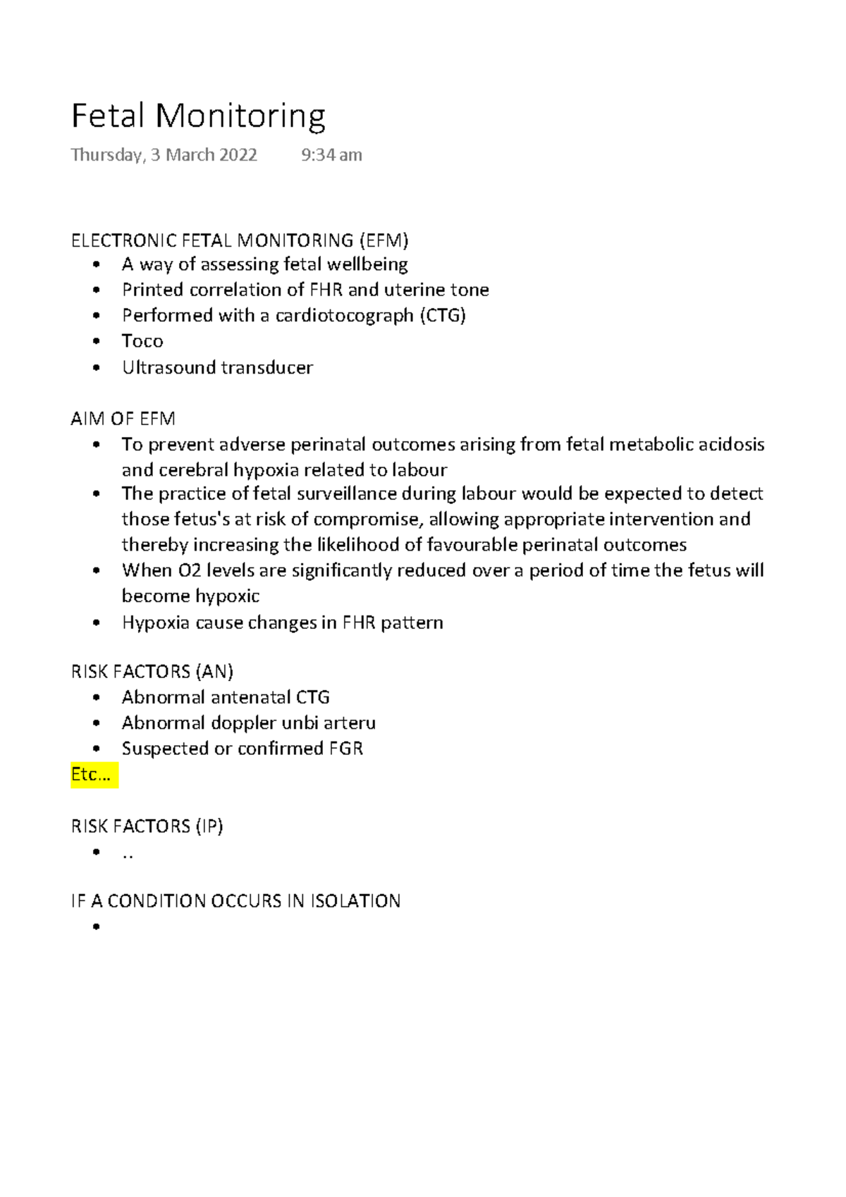 Fetal Monitoring - Lecture notes 4 - ELECTRONIC FETAL MONITORING (EFM ...
