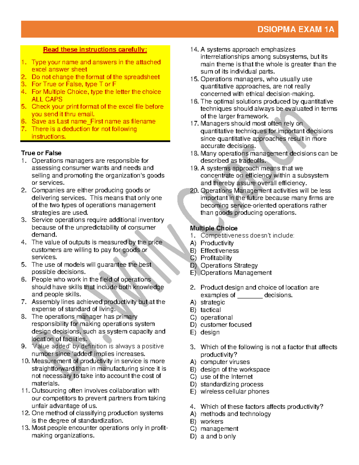 Long Exam 1A - Book material - Read these instructions carefully: Type your name and answers in ...