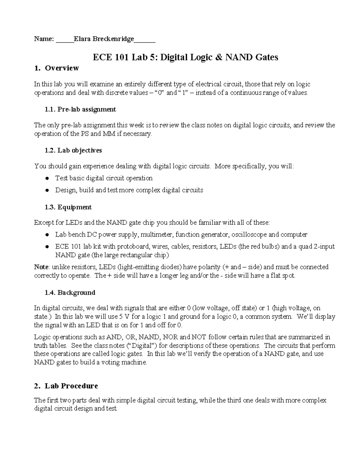 ECE 101 Lab 5 Digital - Name: ECE 101 Lab 5: Digital Logic NAND Gates 1 ...