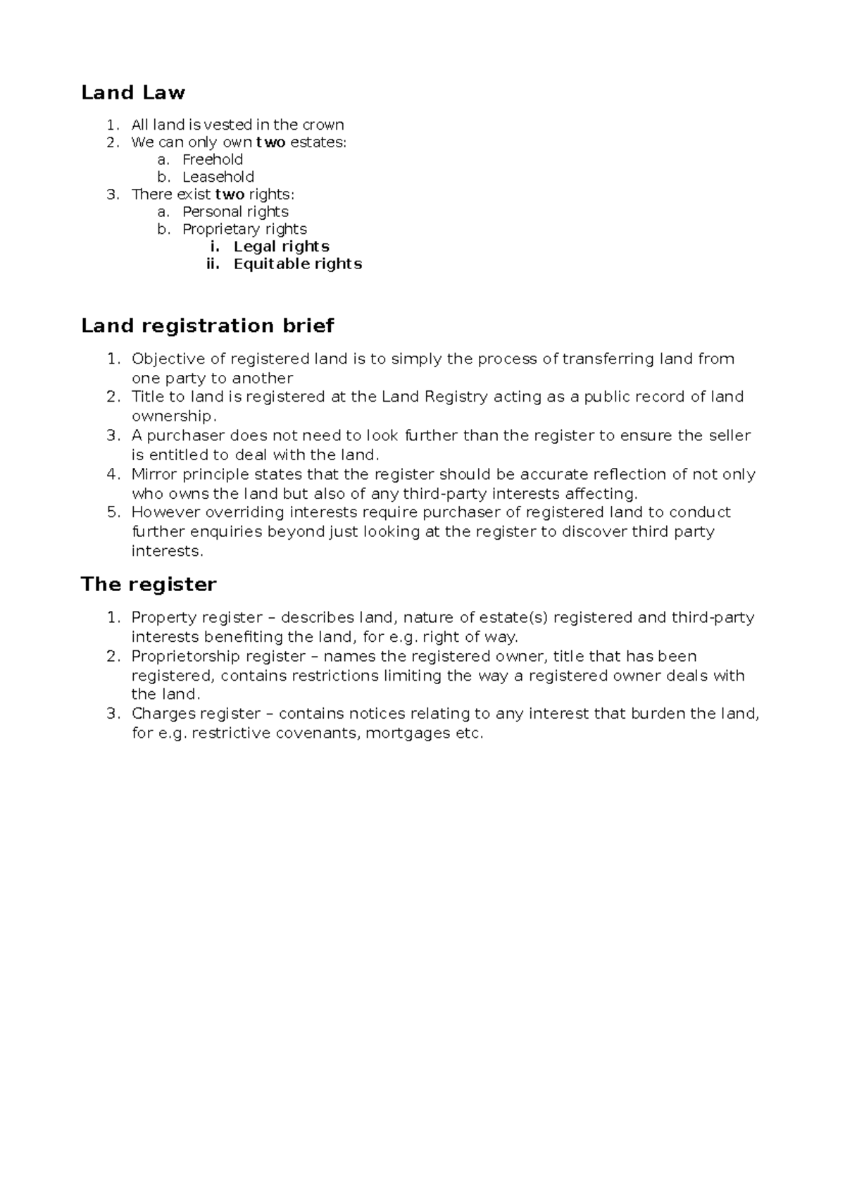 Registered Land - asd - Land Law 1. All land is vested in the crown 2 ...