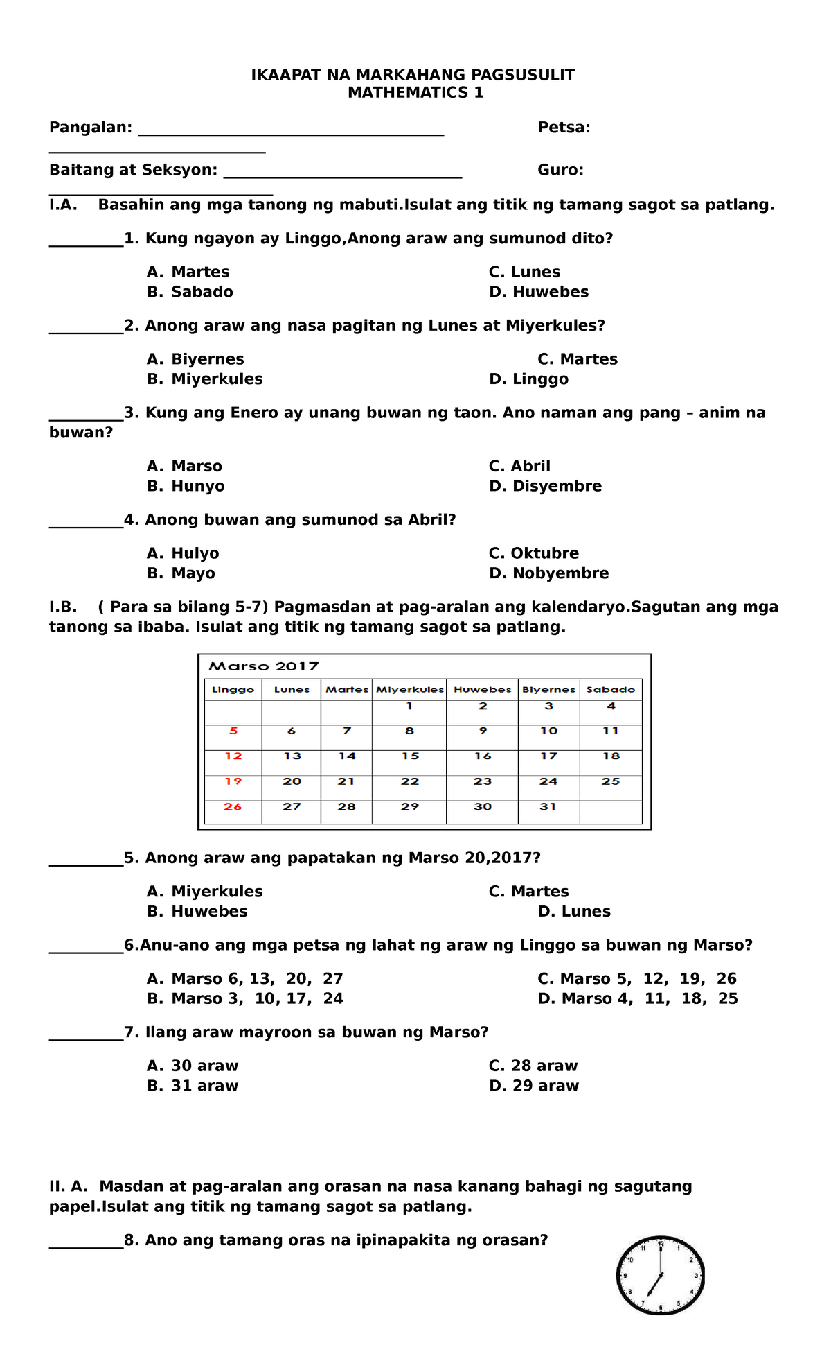 4th Periodical Test in Math - Filipino sa Iba't ibang disiplina - USA ...