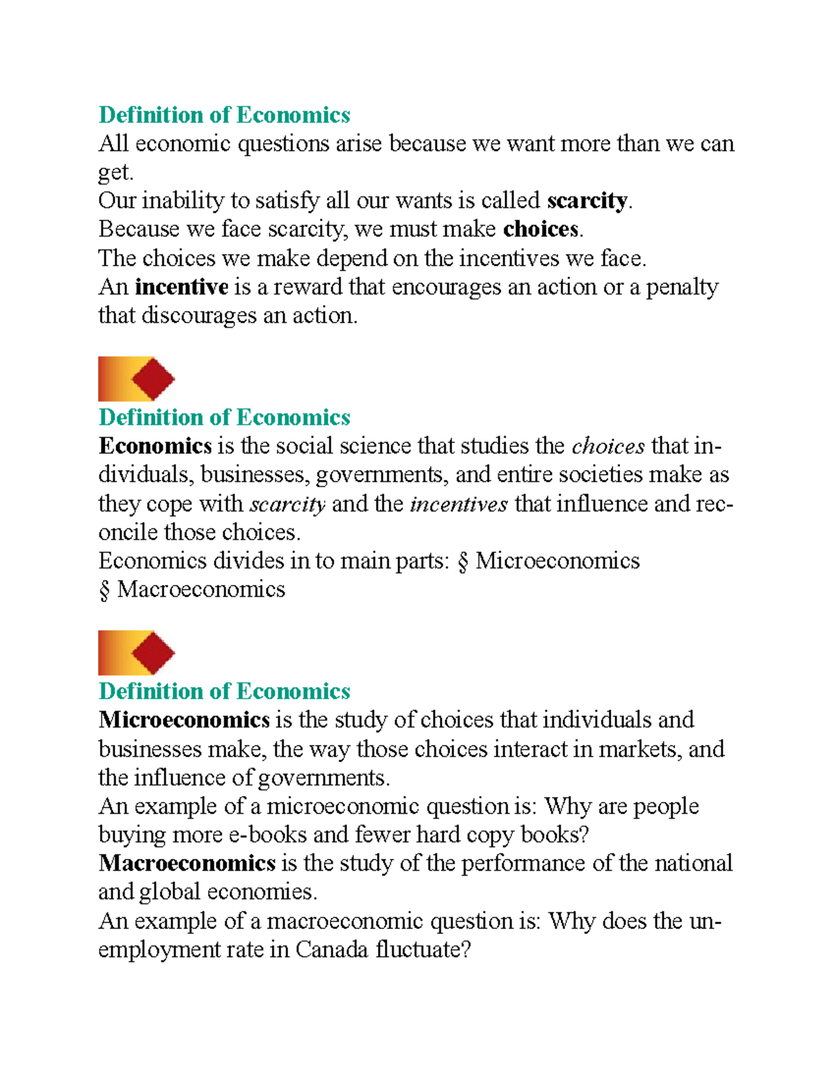 Econ chapter 1 - notes - Definition of Economics All economic questions ...