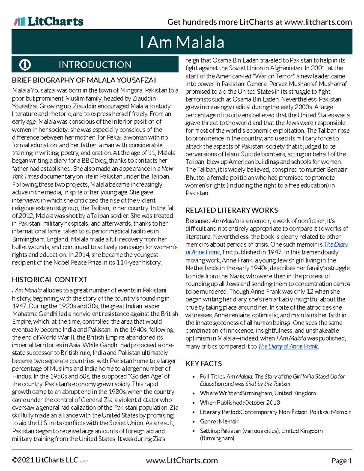 I Am Malala Lit Chart - I Am Malala BRIEF BIOGRAPHY OF MALALA YOUSAFZAI ...