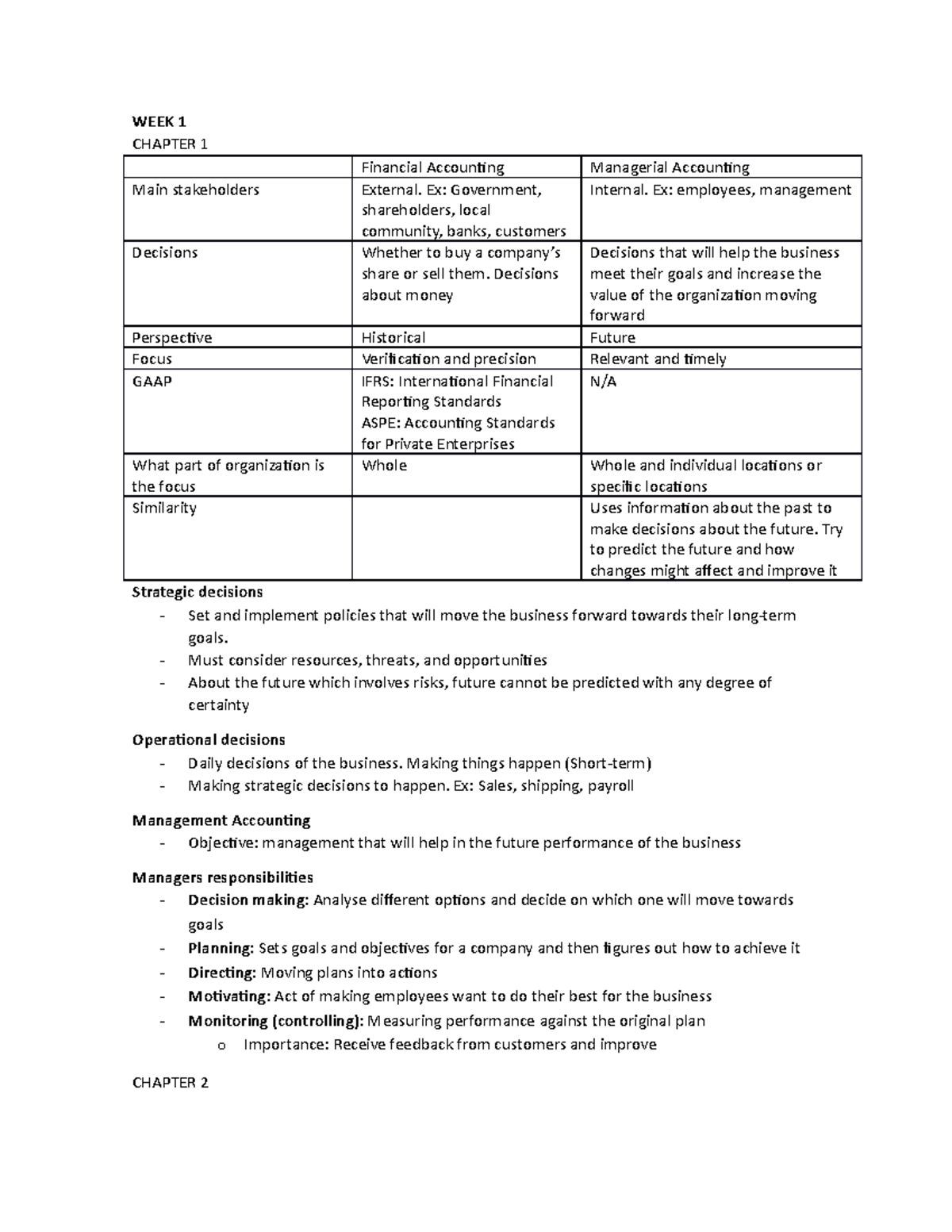 Intro to Managerial Accounting 406 Notes - WEEK 1 CHAPTER 1 Financial ...