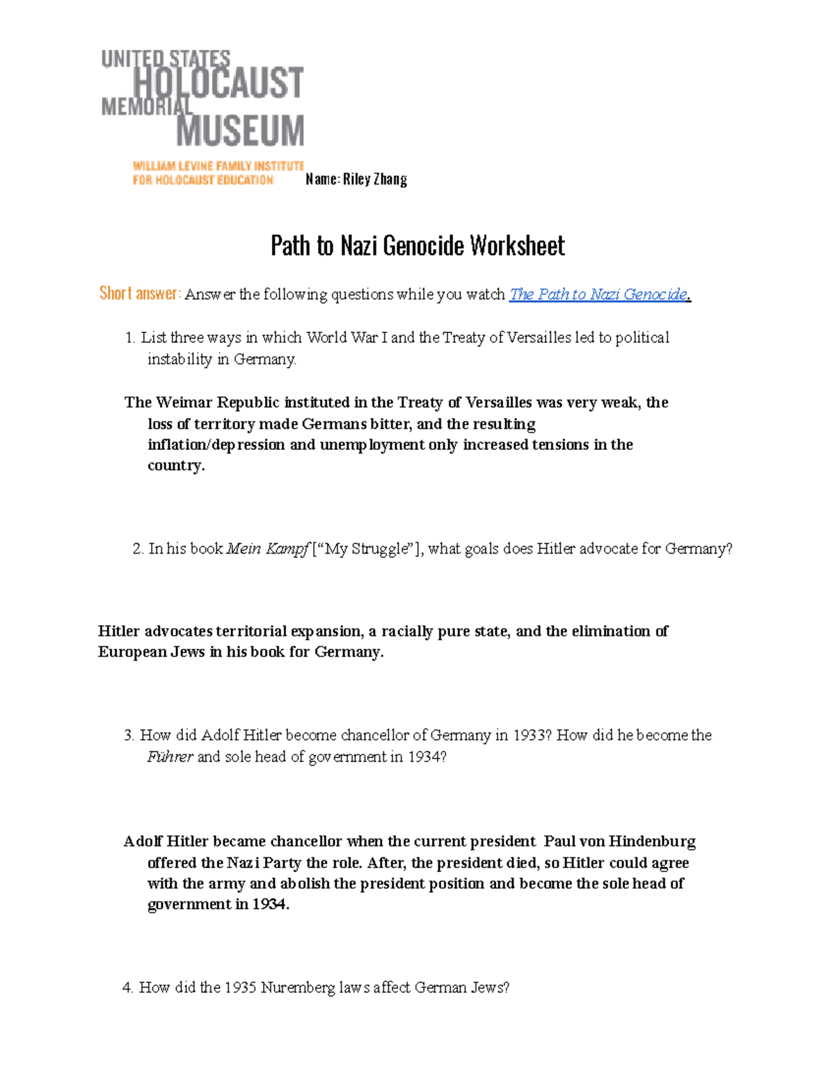 The Path to Nazi Genocide Worksheet - Name: Riley Zhang Path to Nazi ...