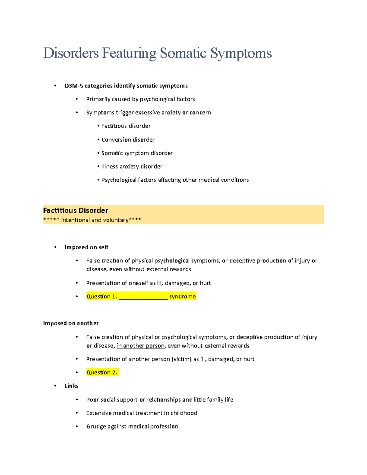 Notes 3 - Disorders Featuring Somatic Symptoms DSM-5 categories ...