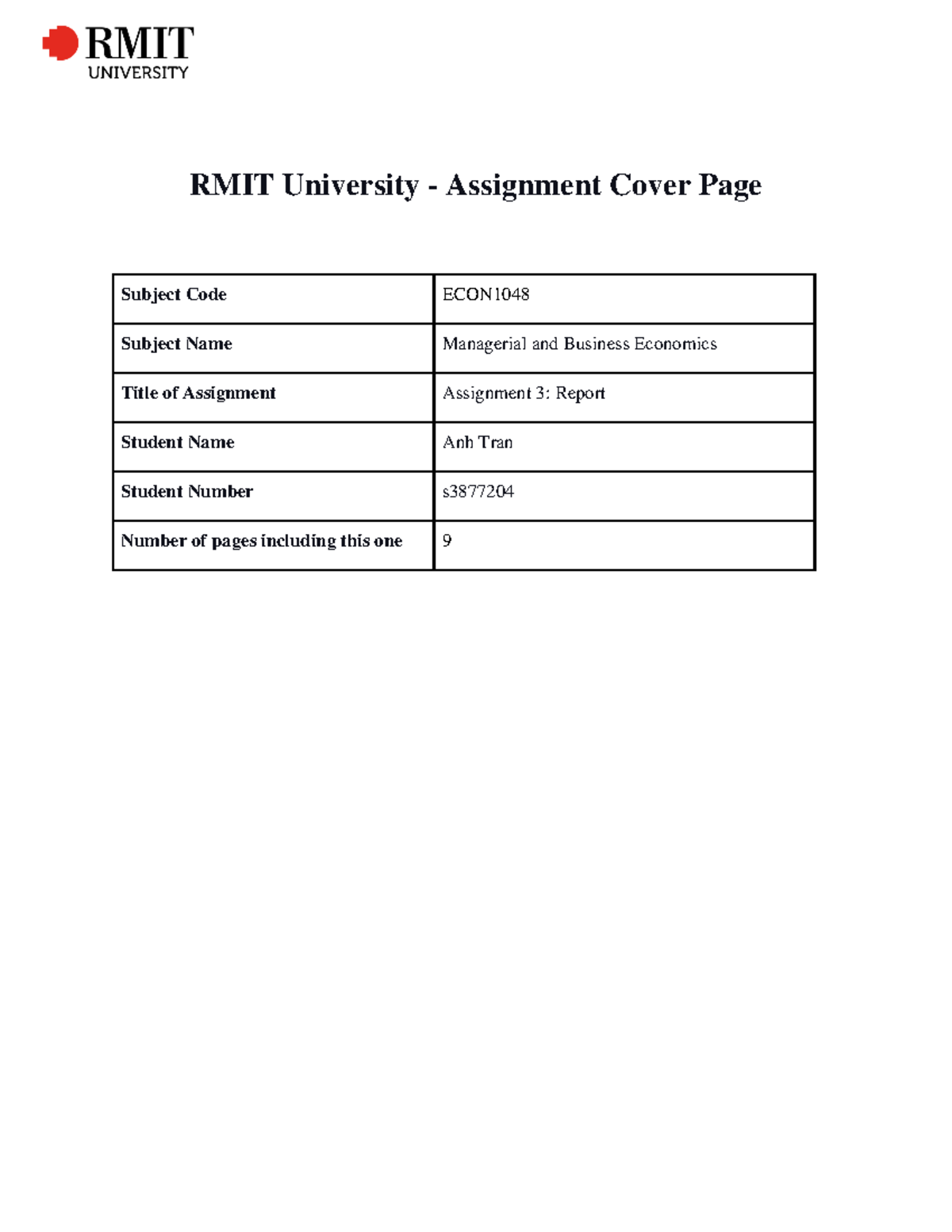ECON 1048 Assignment 3 - RMIT University - Assignment Cover Page ...