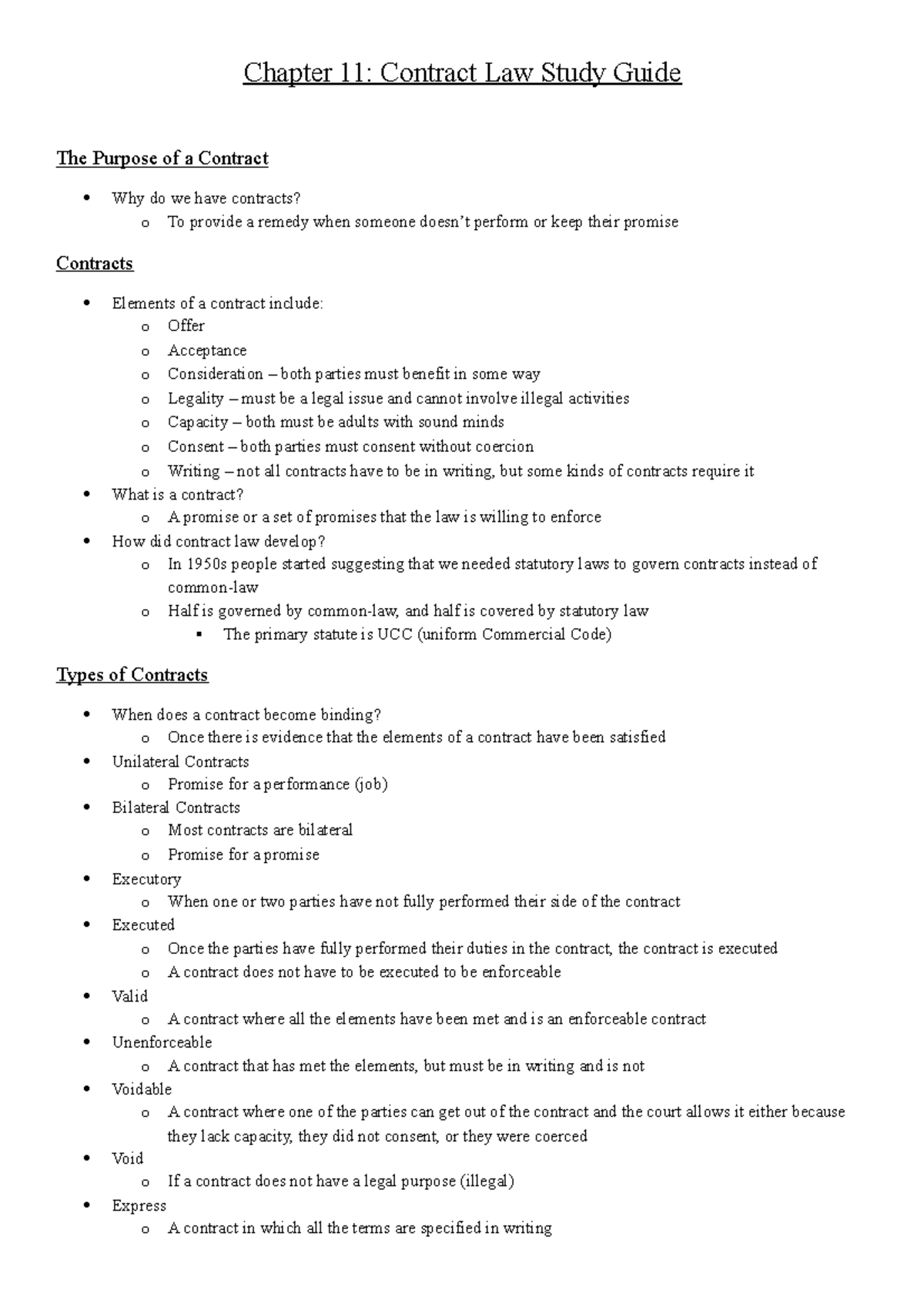 Chapter 11 study guide - Chapter 11: Contract Law Study Guide The ...