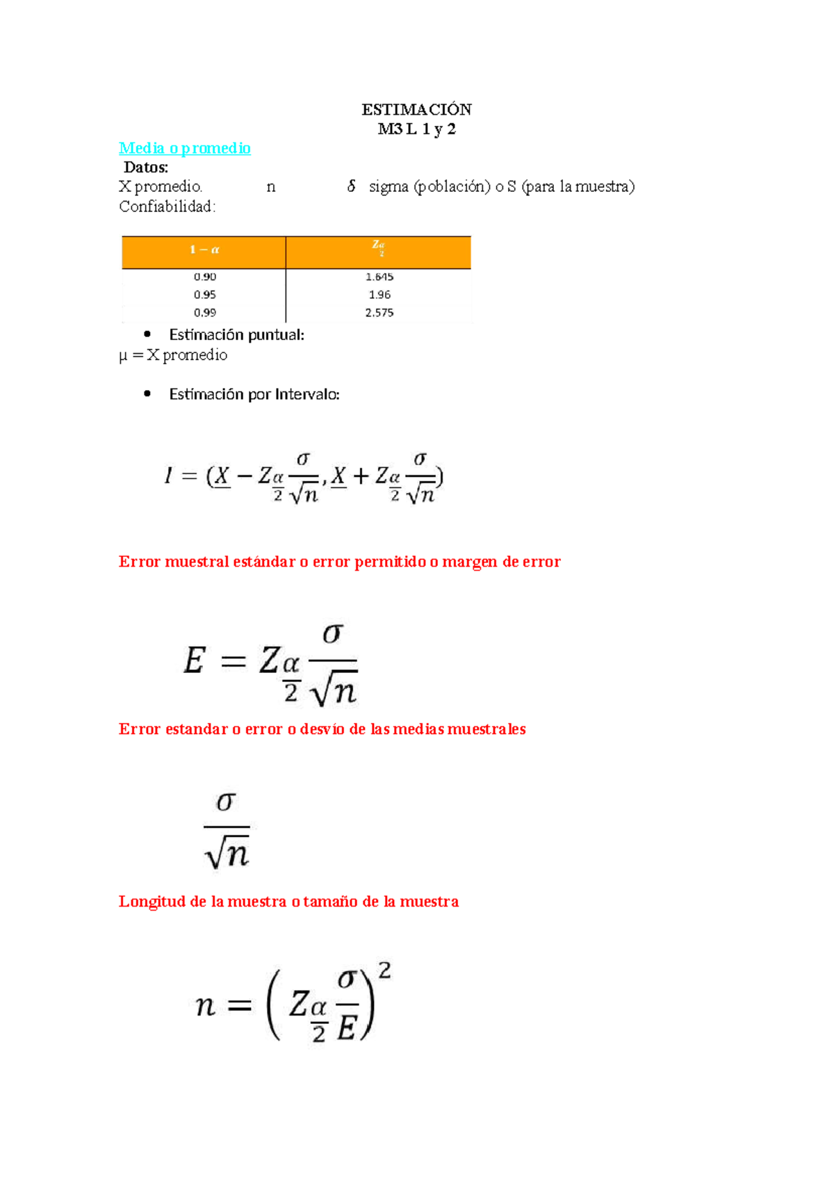 Resumen fórmulas de Estadística M3 y M4 - ESTIMACIÓN M3 L 1 y 2 Media o promedio Datos: X - Studocu