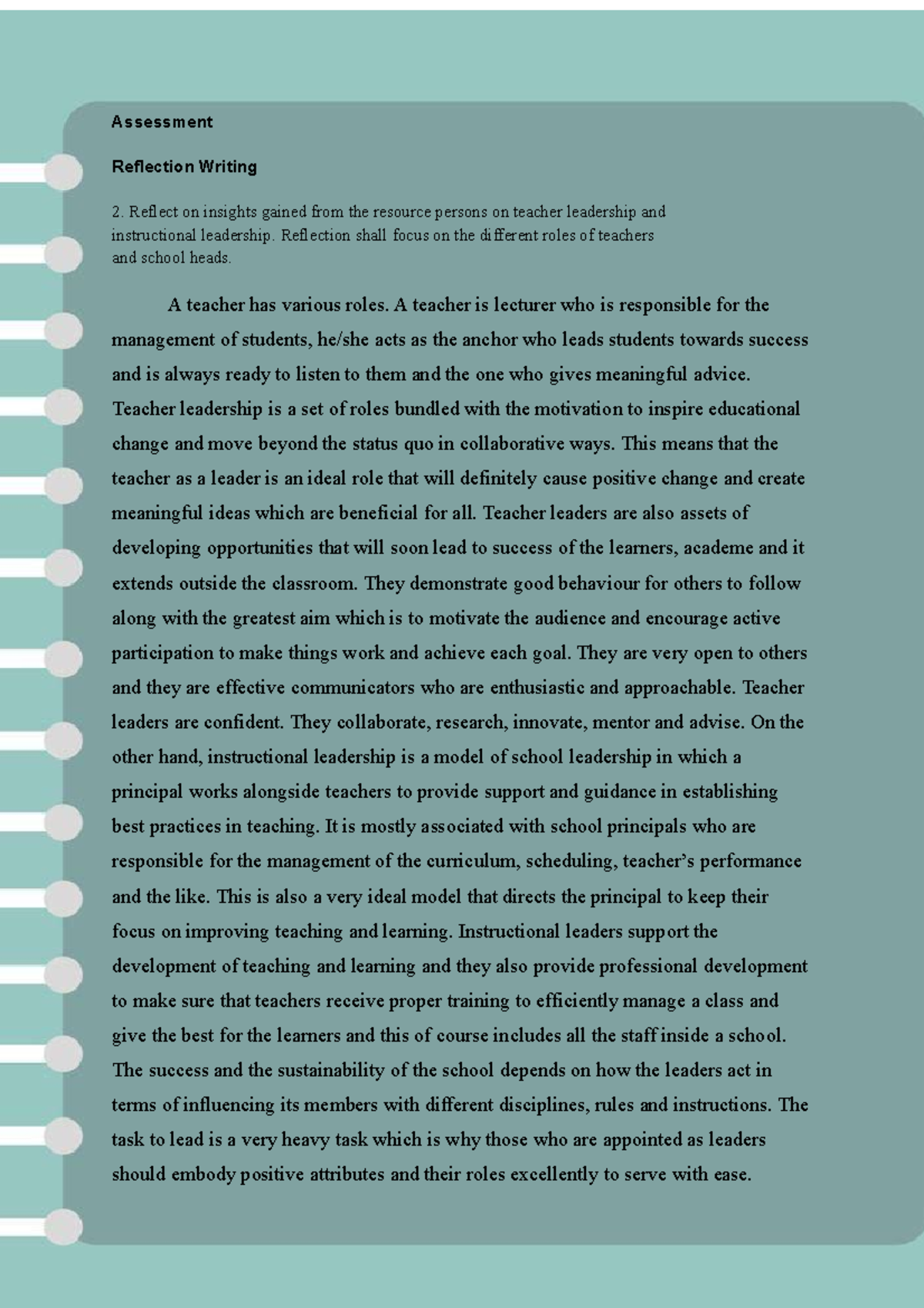 Assessment (Reflection) - Assessment Reflection Writing Reflect on ...