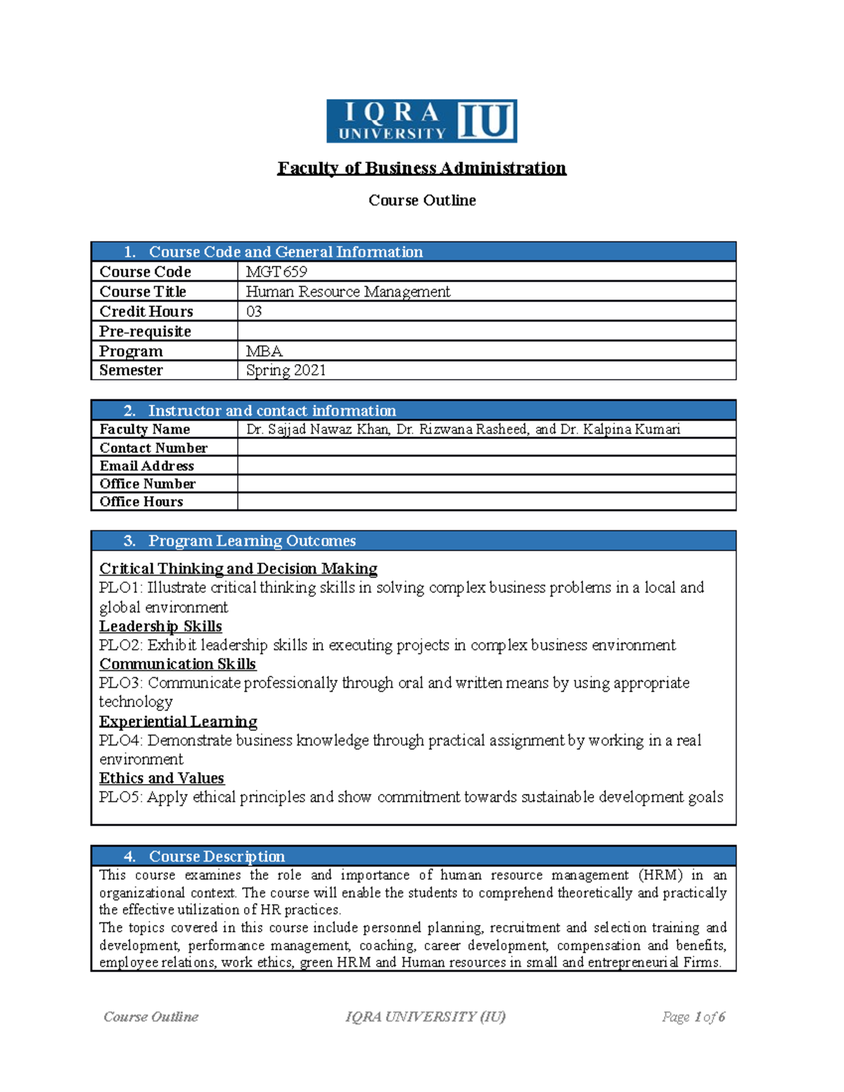 MBA- HRM Updated course outline - Faculty of Business Administration ...