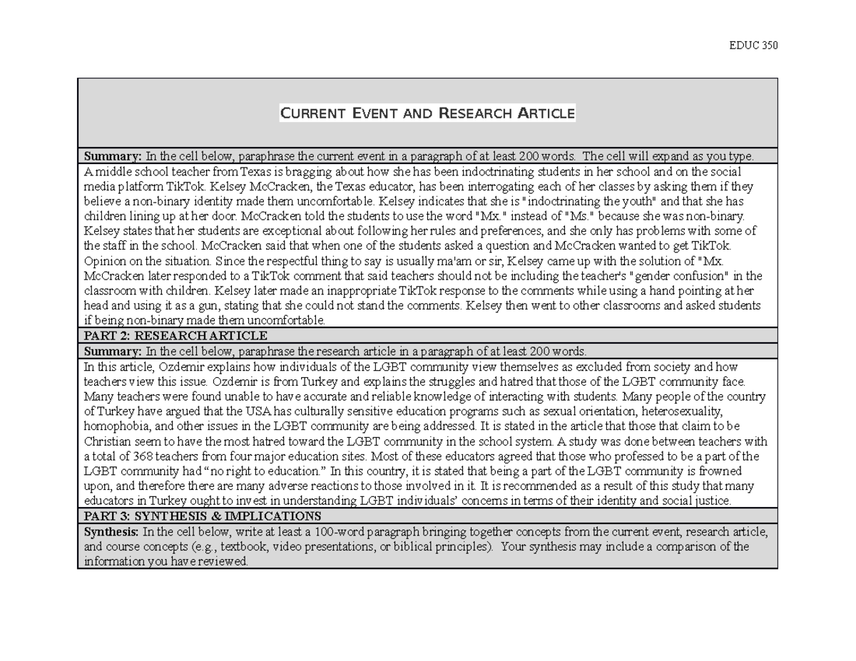 Current Event and Research Article - EDUC 350 CURRENT EVENT AND ...