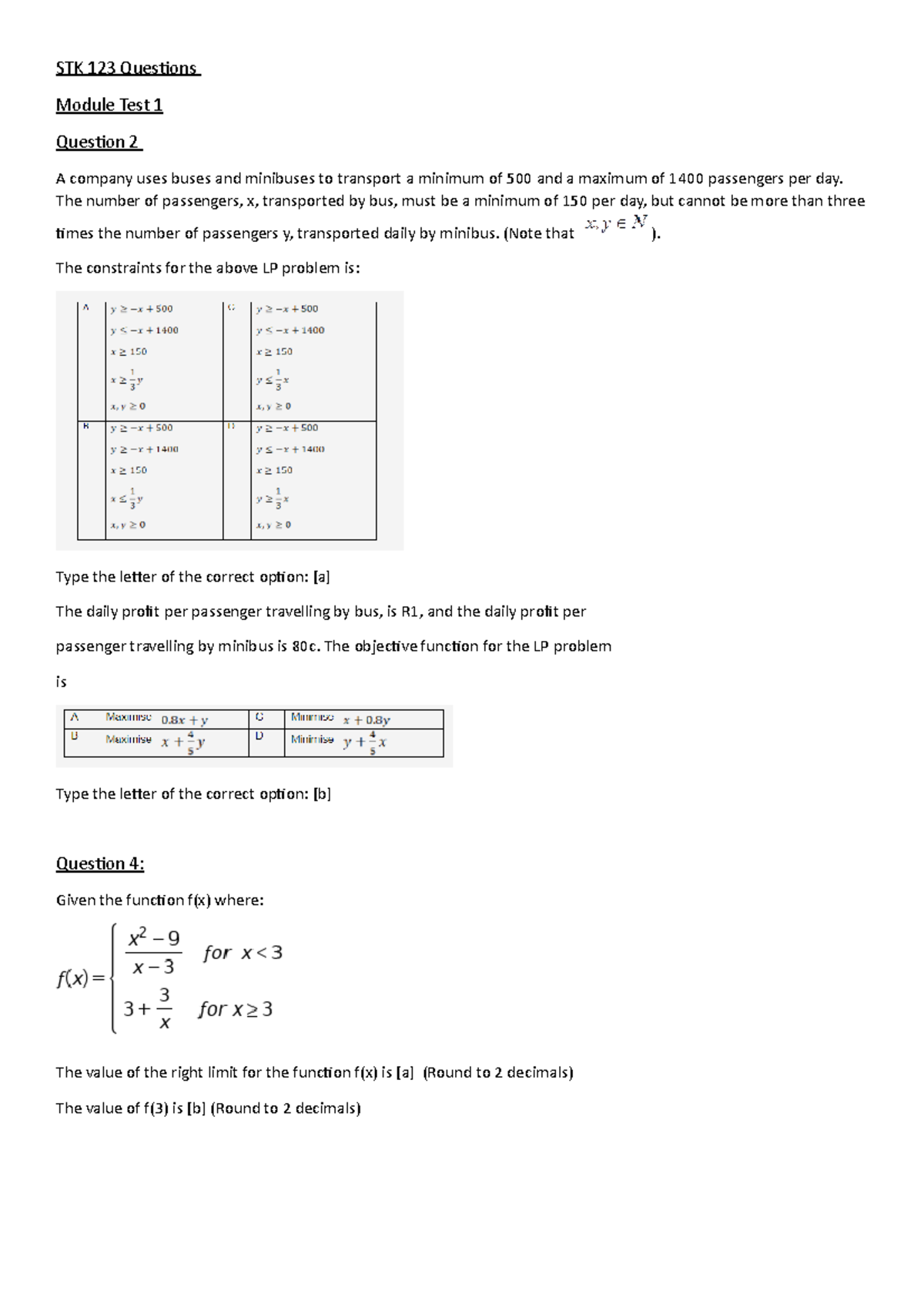 STK 123 Questions Module Test 1 - The number of passengers, x ...
