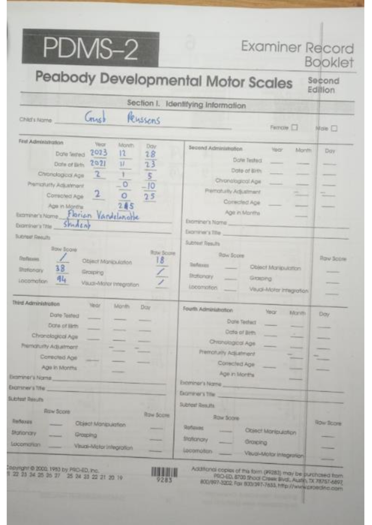 PDMS Examiner's Record Booklet p1-18 - Physical and Motor Development - Studocu