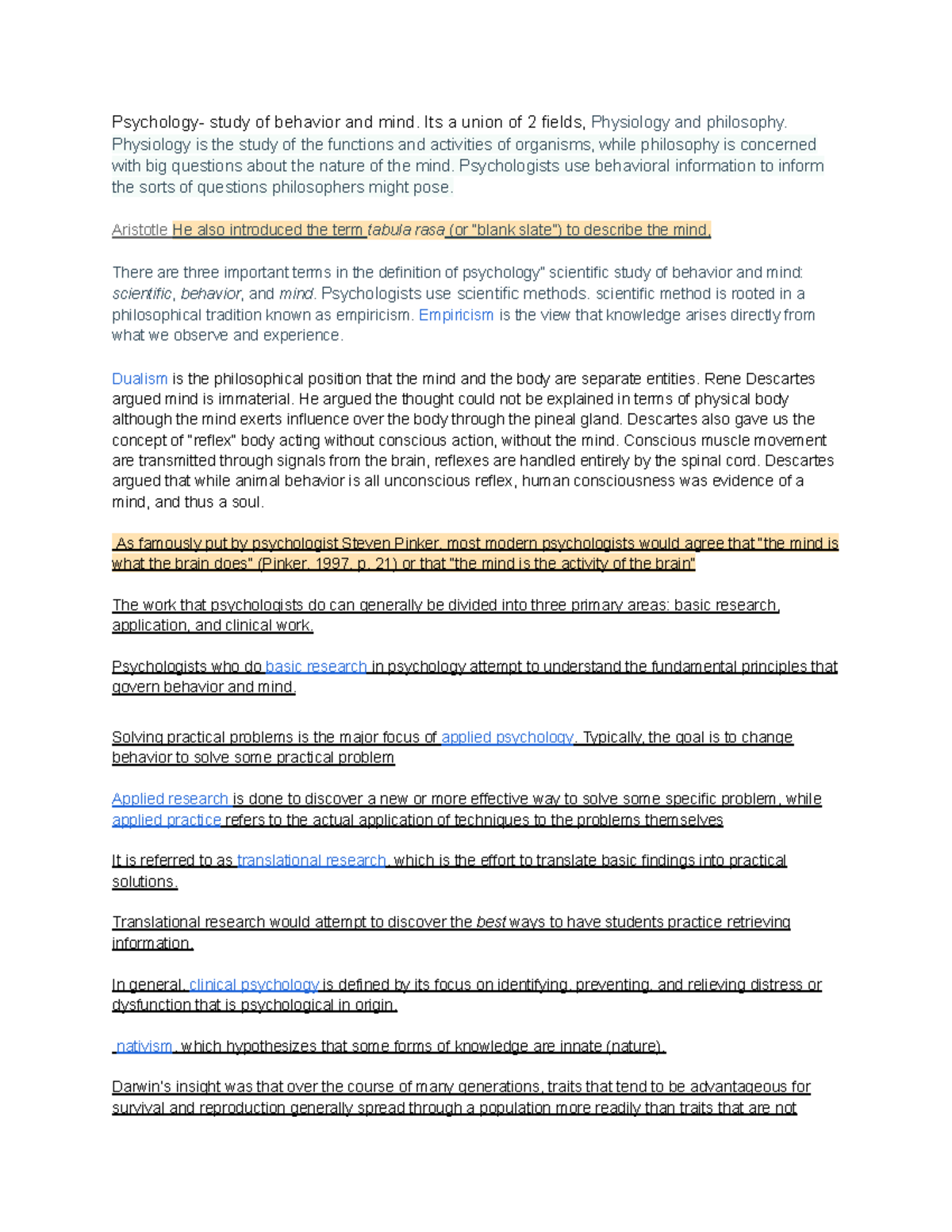 PSYA01 Midterm Review Notes - Psychology- study of behavior and mind ...