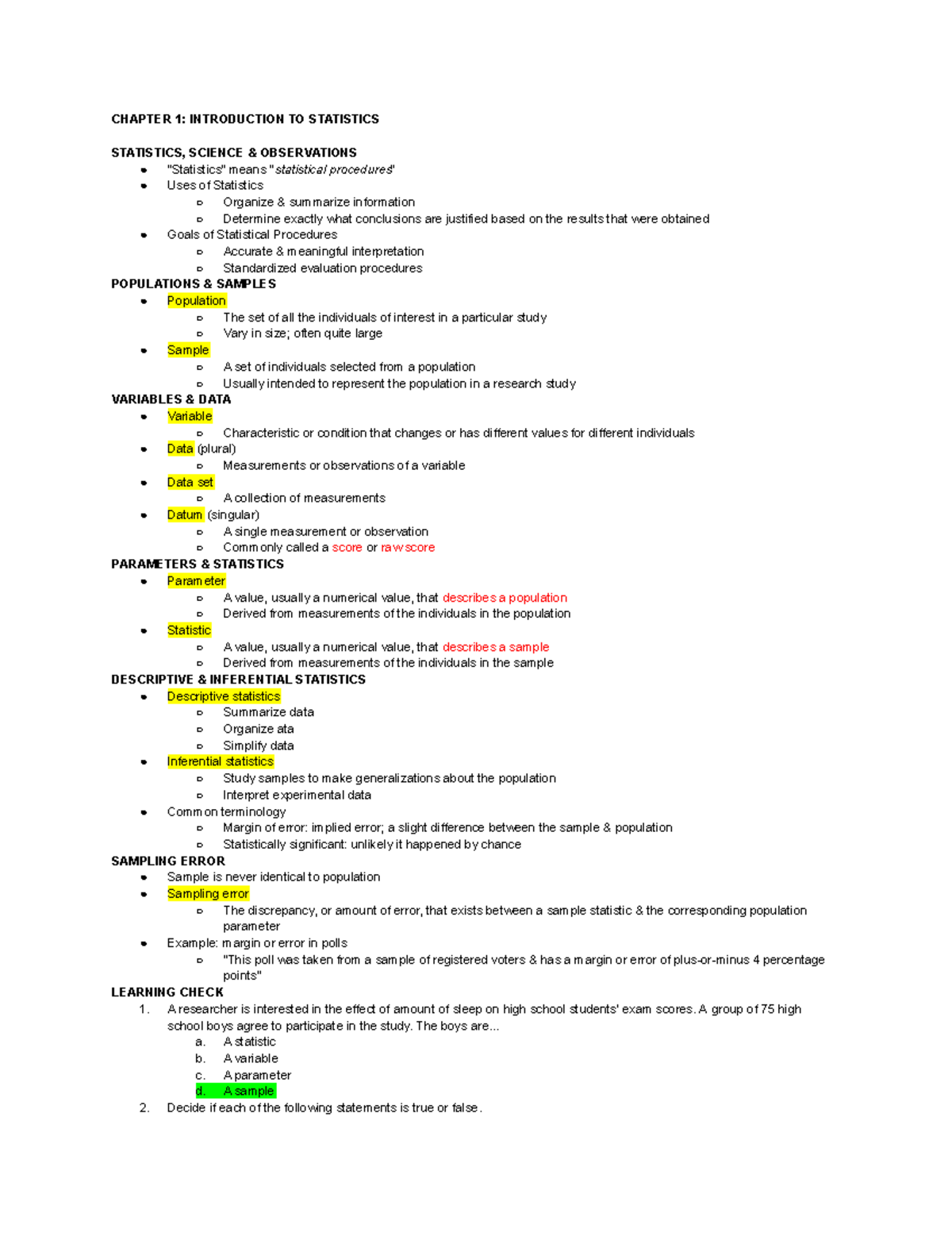 PSY 3234 Chp 1 Notes - CHAPTER 1: INTRODUCTION TO STATISTICS STATISTICS ...
