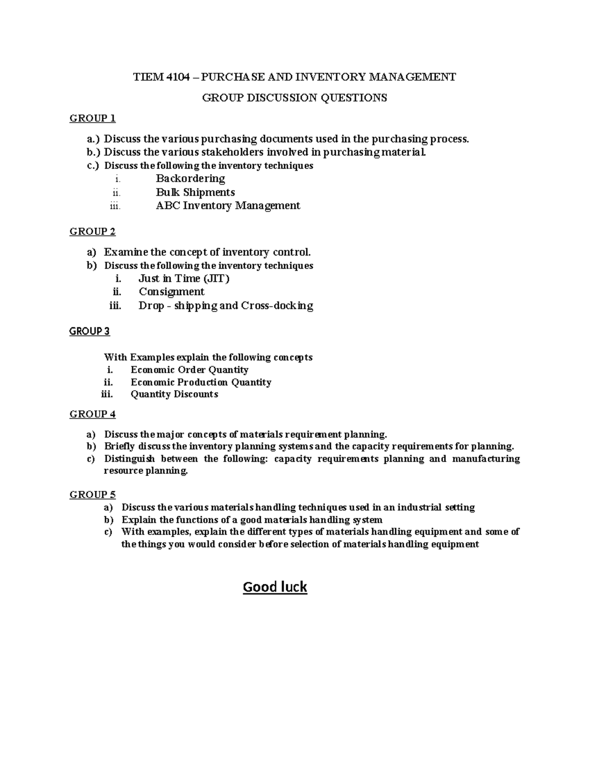 Purchase and inventory discussion questions 2024 - TIEM 4104 – PURCHASE ...