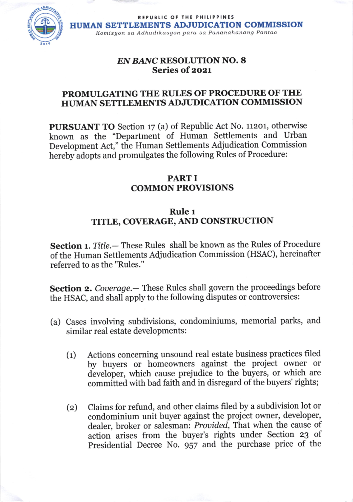 HSAC Rules - ?o REPUBTIC OF THE PHII HUMAN SETTLEMENTS ADJUDICATION COMMISSION Komisgon sa - Studocu