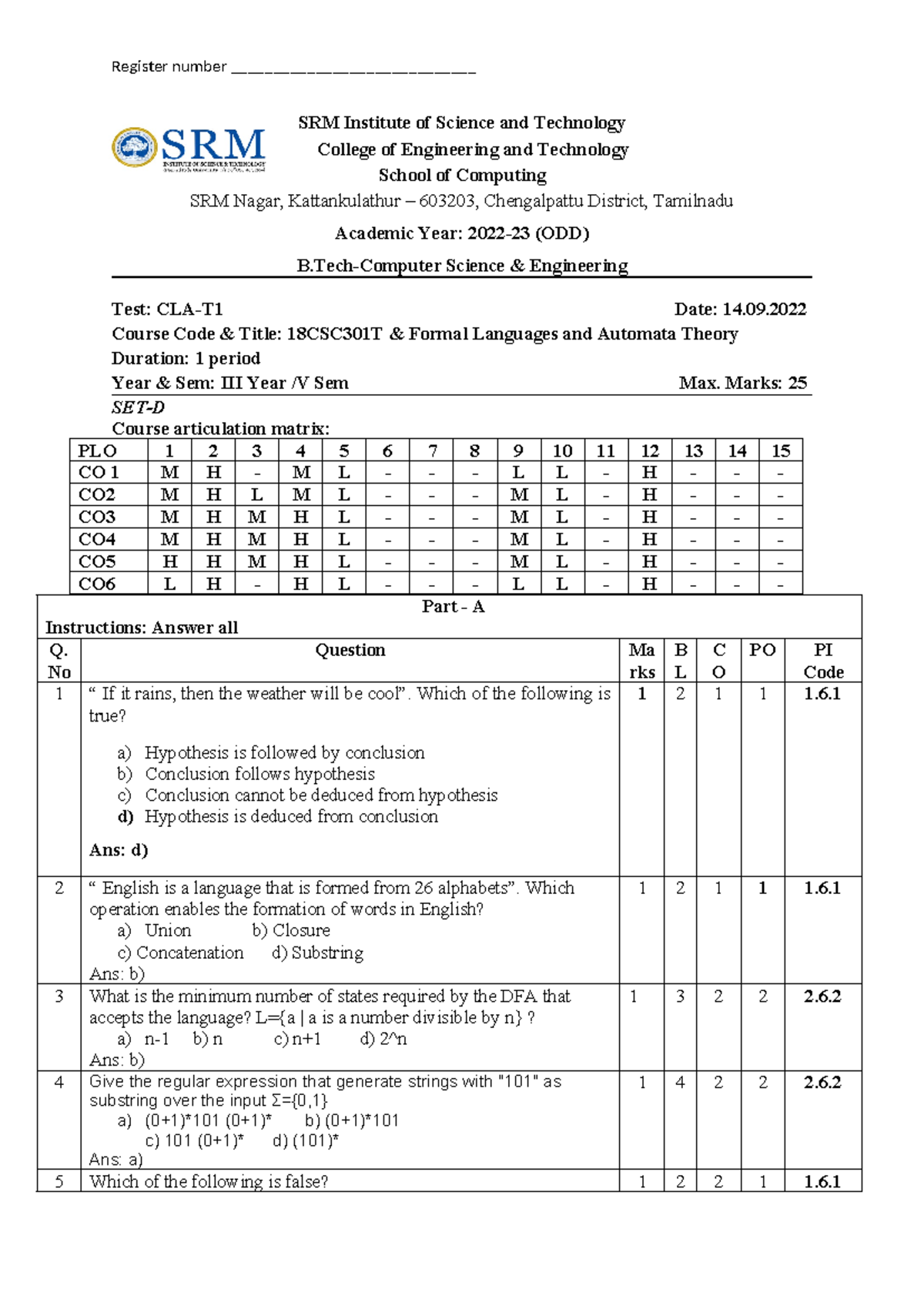 CT1 101931 18CSC301T Set D AK - SRM Institute of Science and Technology College of Engineering ...