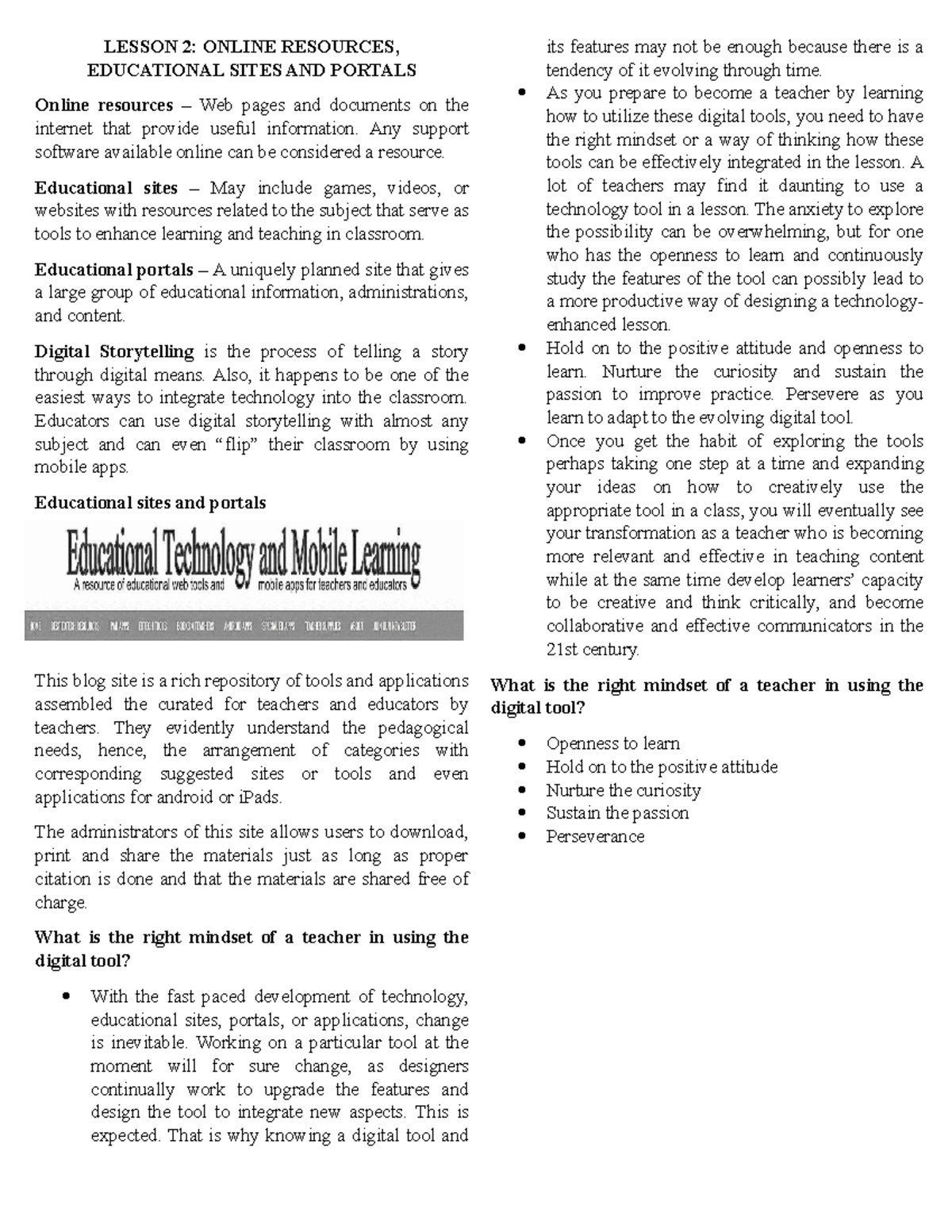 Technology Reviewer - LESSON 2: ONLINE RESOURCES, EDUCATIONAL SITES AND ...