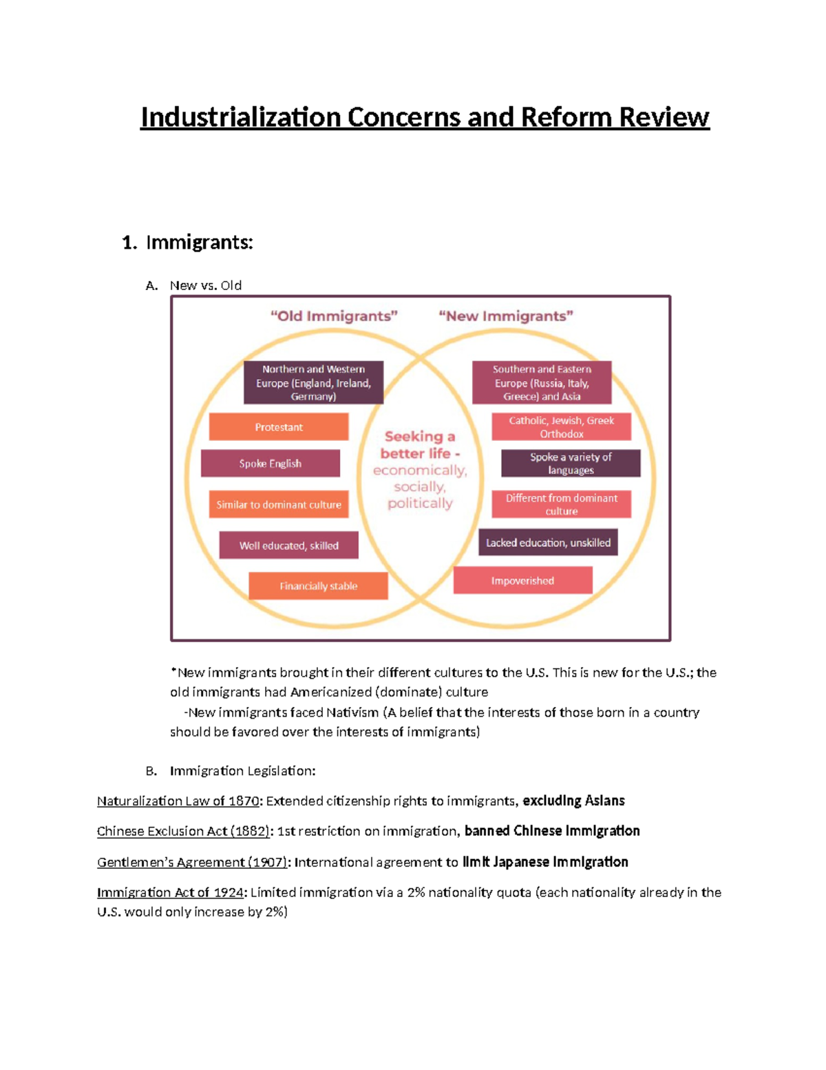 Industrialization Concerns and Reform Review - Immigrants: A. New vs ...