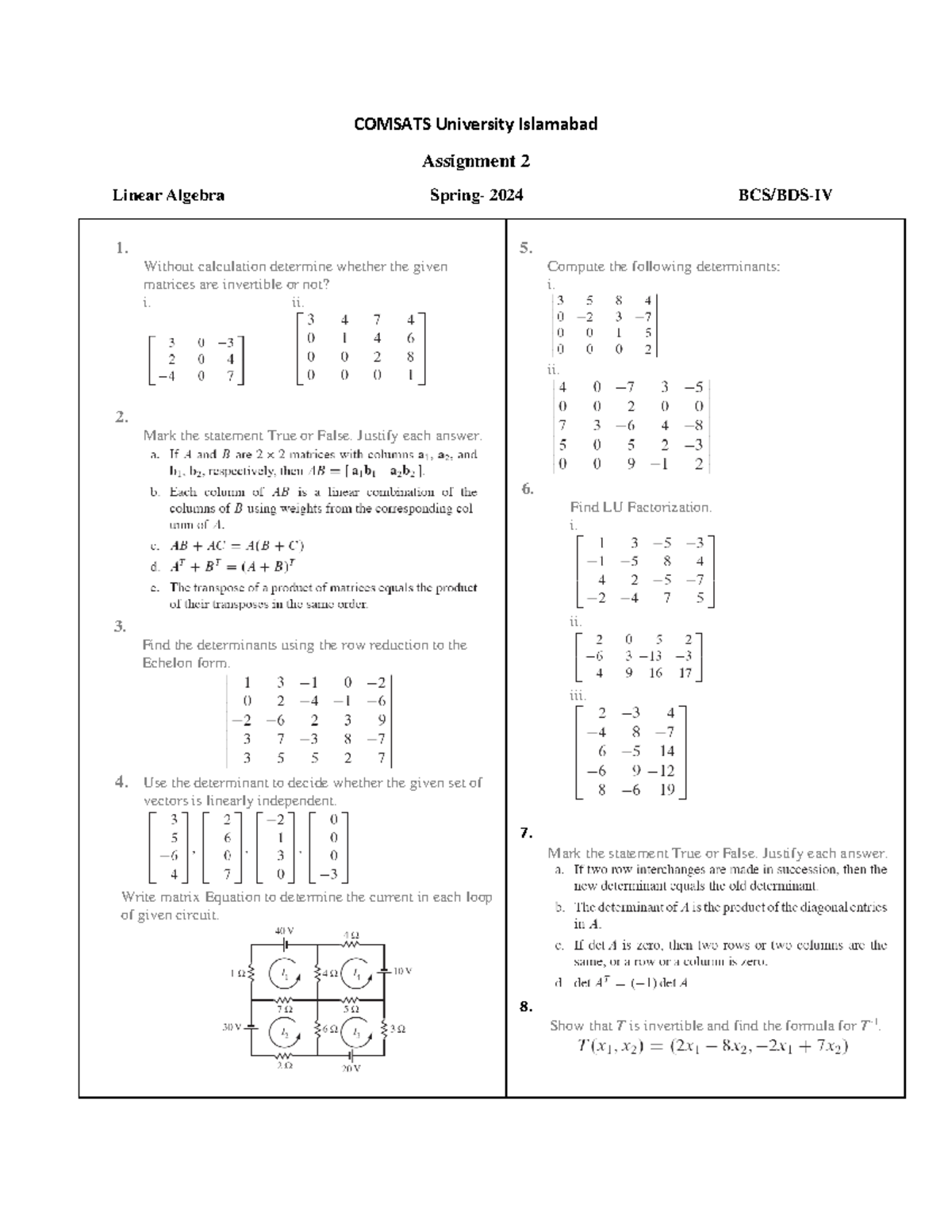 Assignment II - COMSATS University Islamabad Assignment 2 Linear Algebra Spring- 2024 BCS/BDS-IV ...