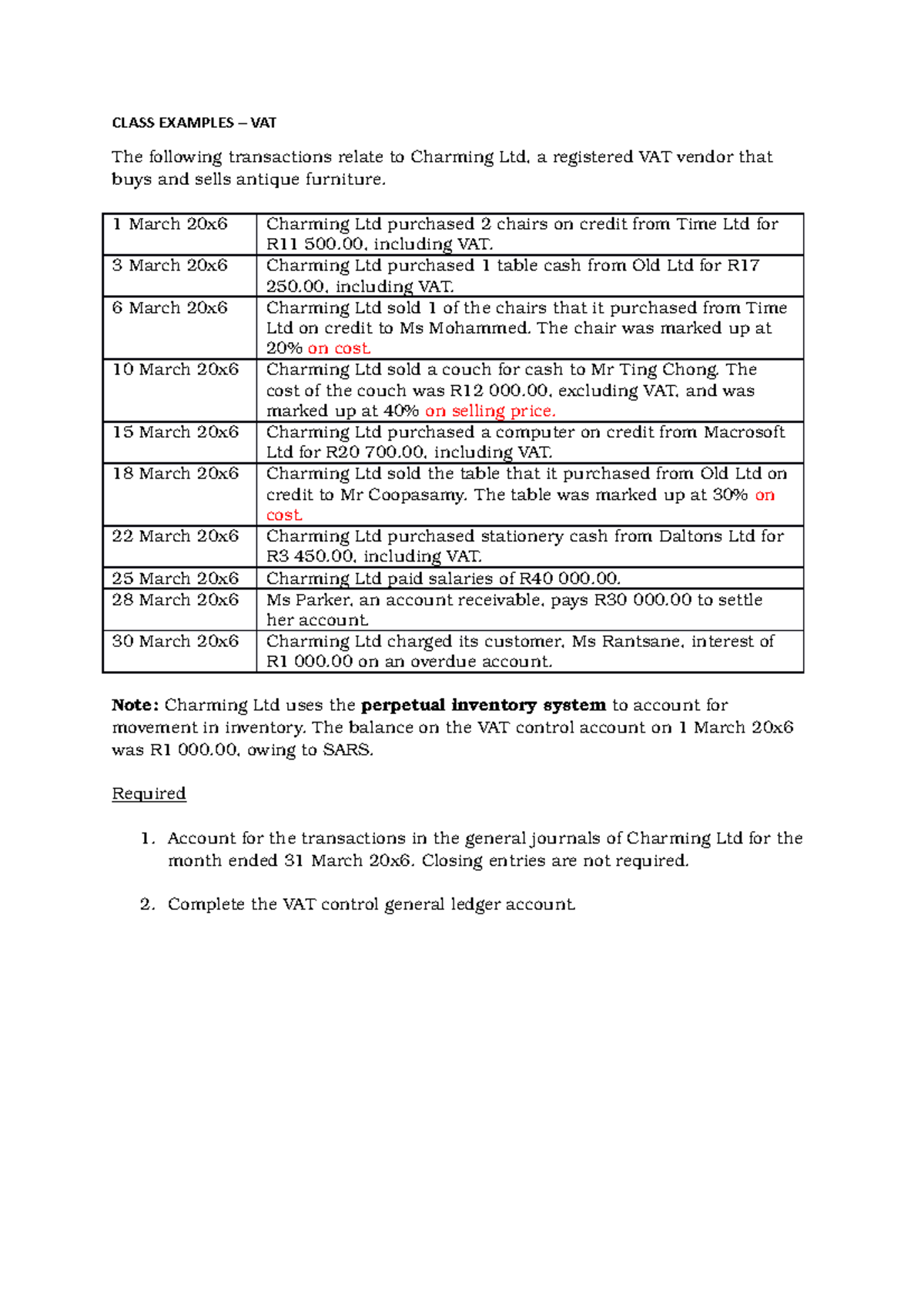 Class Examples VAT AND FS & bank recon - CLASS EXAMPLES – VAT The ...