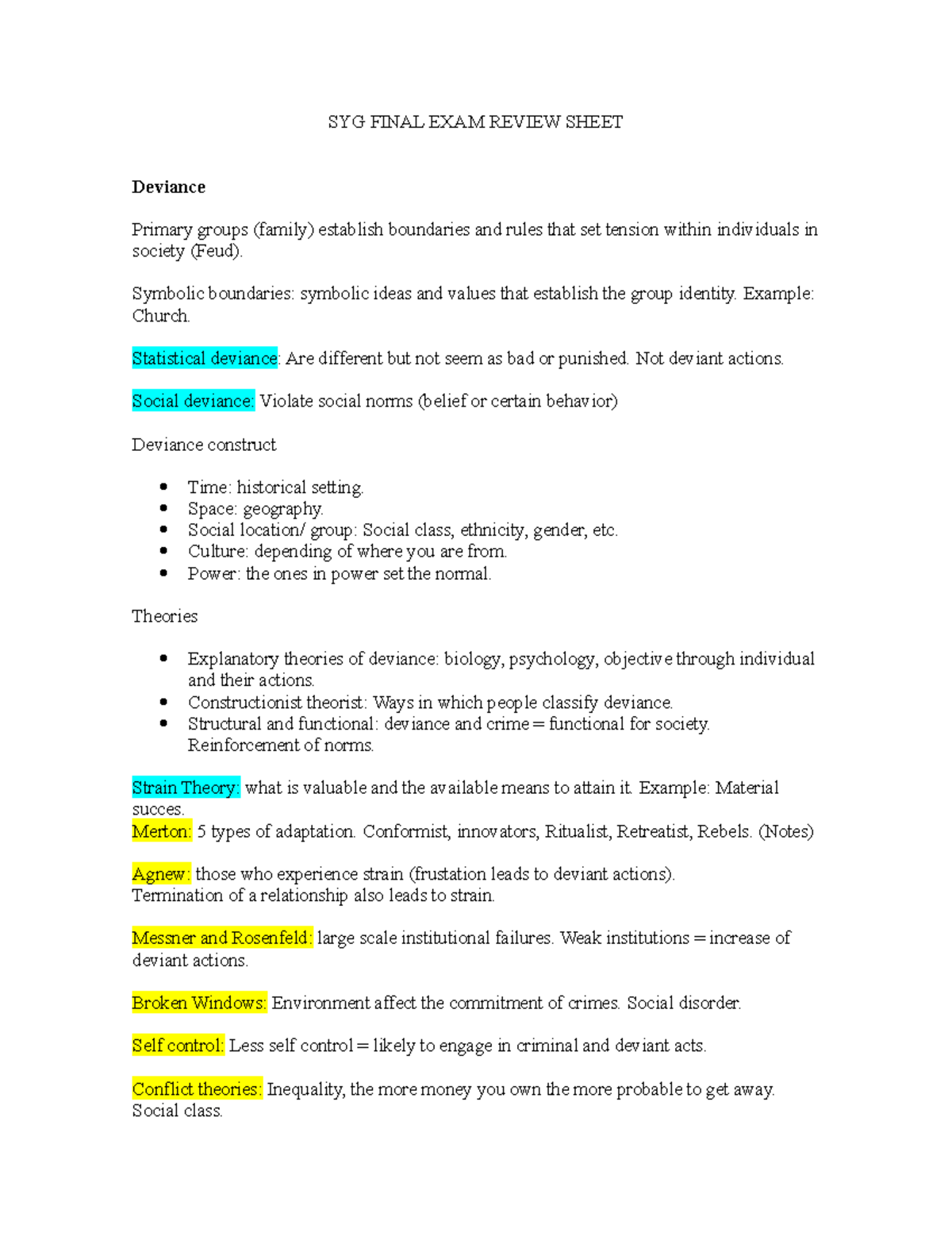 SYG 2000 Deviance - SYG FINAL EXAM REVIEW SHEET Deviance Primary groups ...