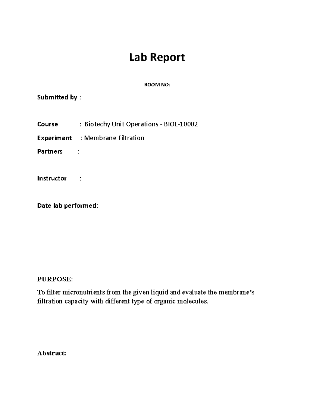Bhandari Bishal membranefiltration - Lab Report ROOM NO: Submitted by ...