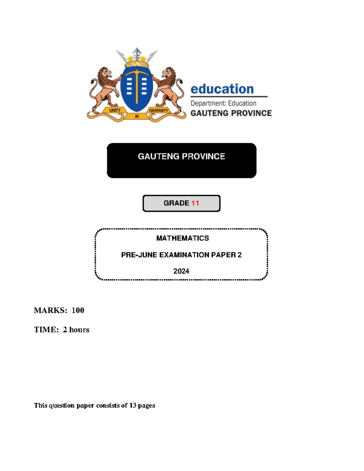 Grade 11 Pre-June Exam P2 QP 2024 240601 083601 - MARKS: 100 TIME: 2 ...