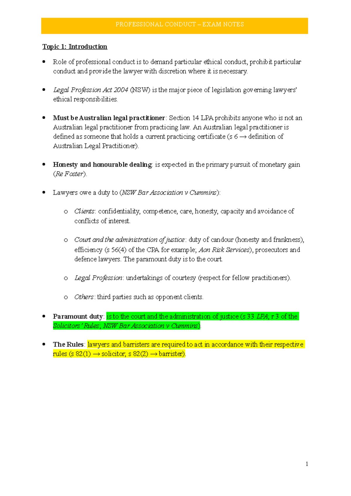 Professional Conduct Exam Notes - PROFESSIONAL CONDUCT EXAM NOTES Topic ...