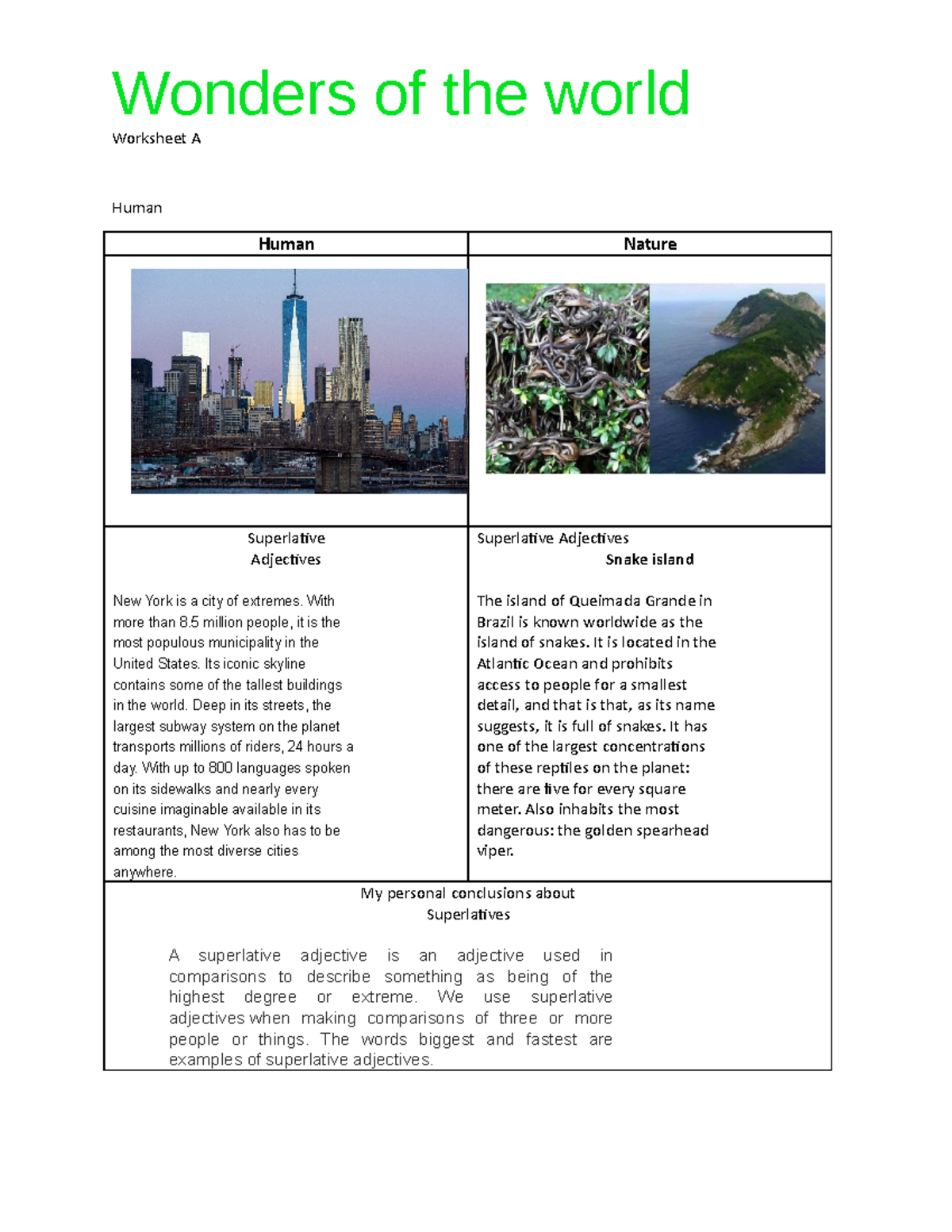 Level 3 - Unit 3 Worksheet A - Wonders of the world Worksheet A Human ...