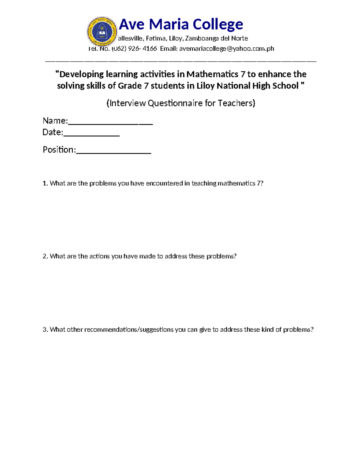 Interview sheet - Ave Maria College Vallesville, Fatima, Liloy ...