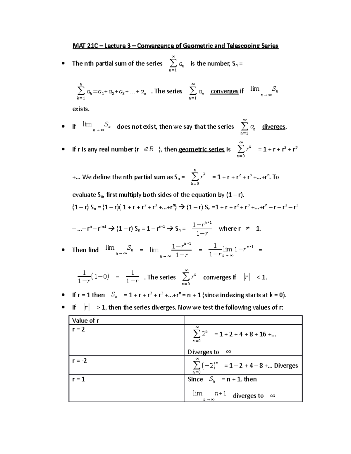 Mat 21c Lecture 3 Convergence Of Geometric And Telescoping Series The Series An Converges