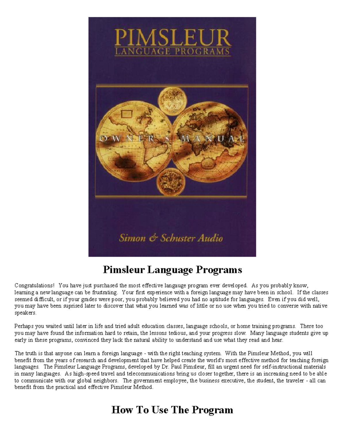 Pimsleur's Owner's Manual - Pimsleur Language Programs Congratulations ...