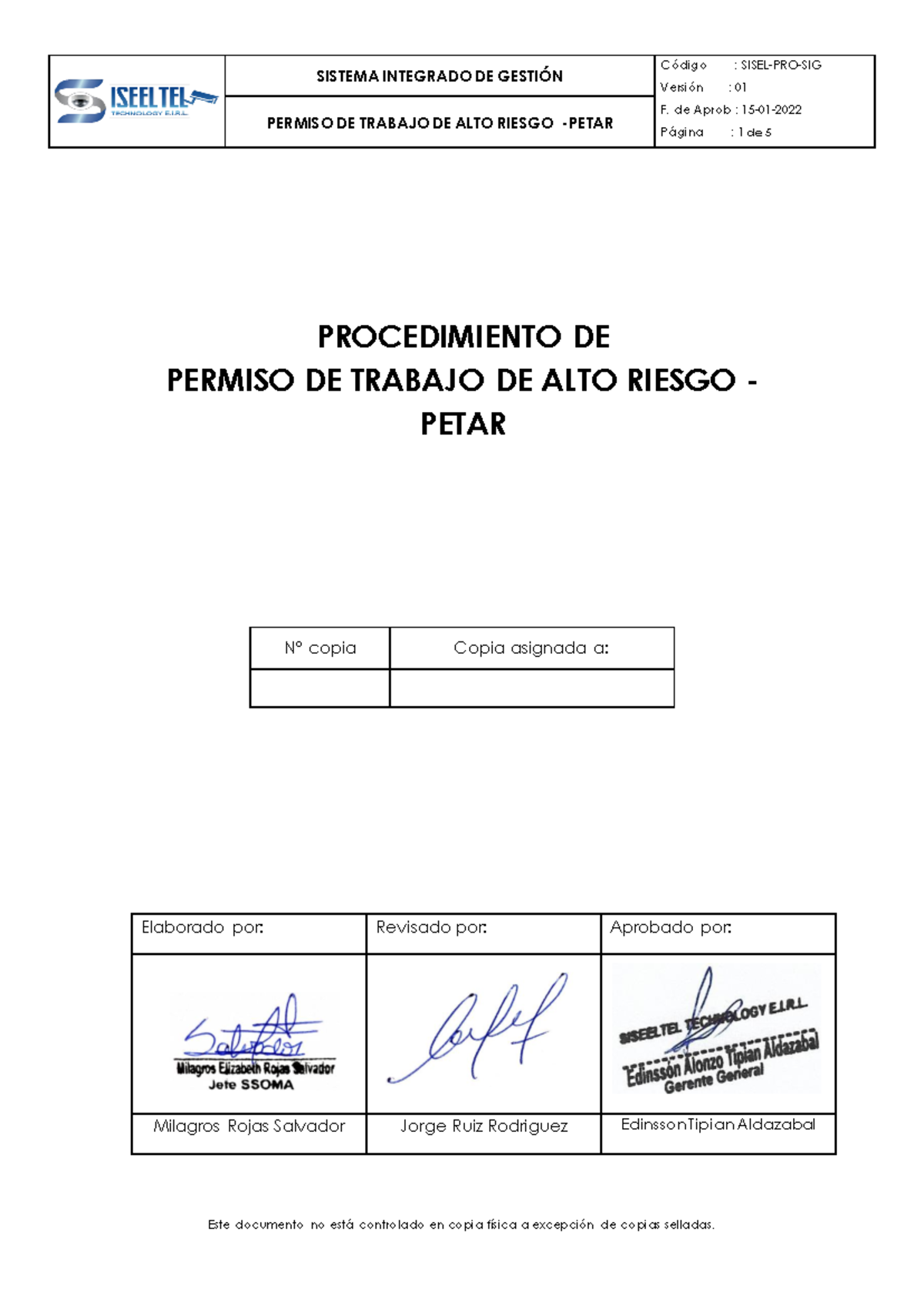 Sisel-PRO-SIG Permiso Escrito de Trabajo de Alto Riesgo - Petar V2 - SISTEMA INTEGRADO DE ...