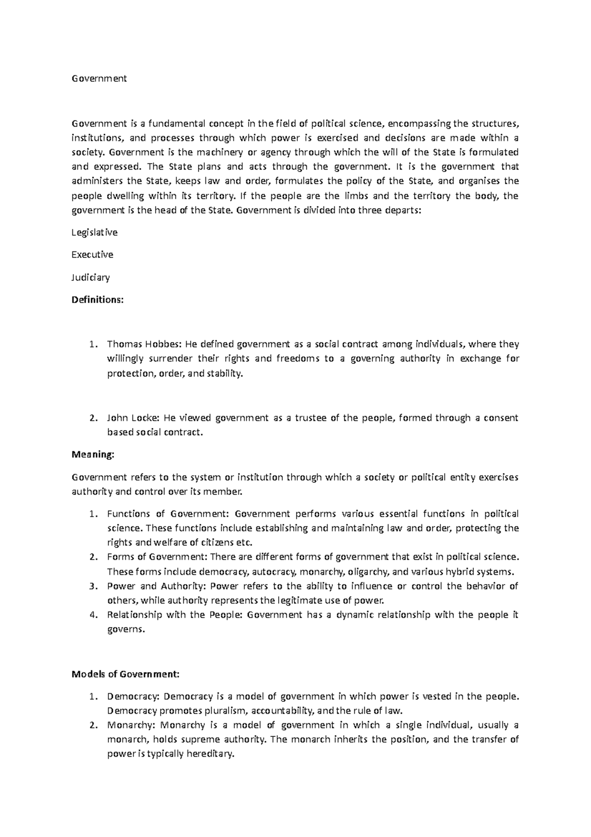 Goverment and models of government - Government Government is a ...