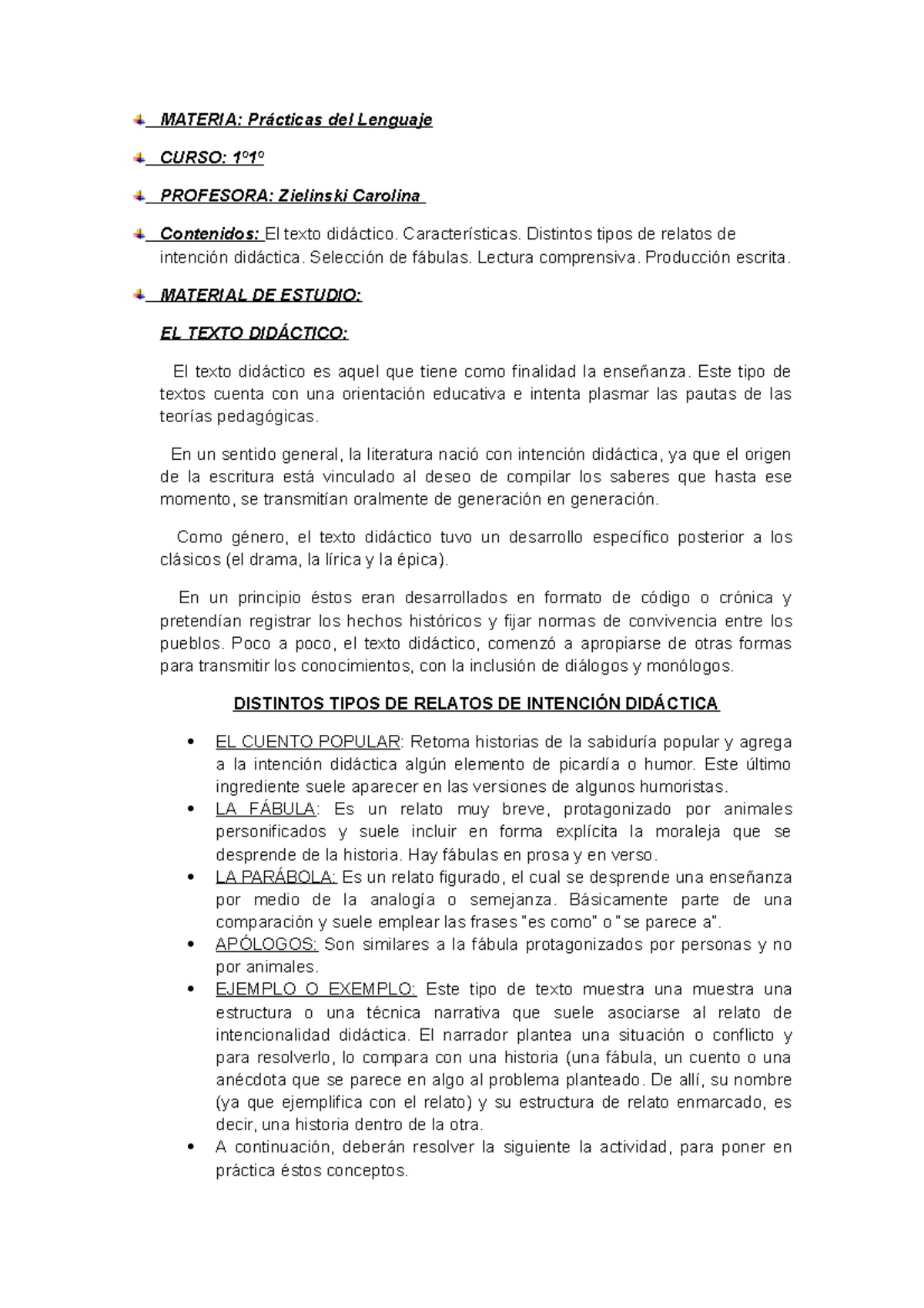 1-º año El texto didáctico - MATERIA: Prácticas del Lenguaje CURSO ...
